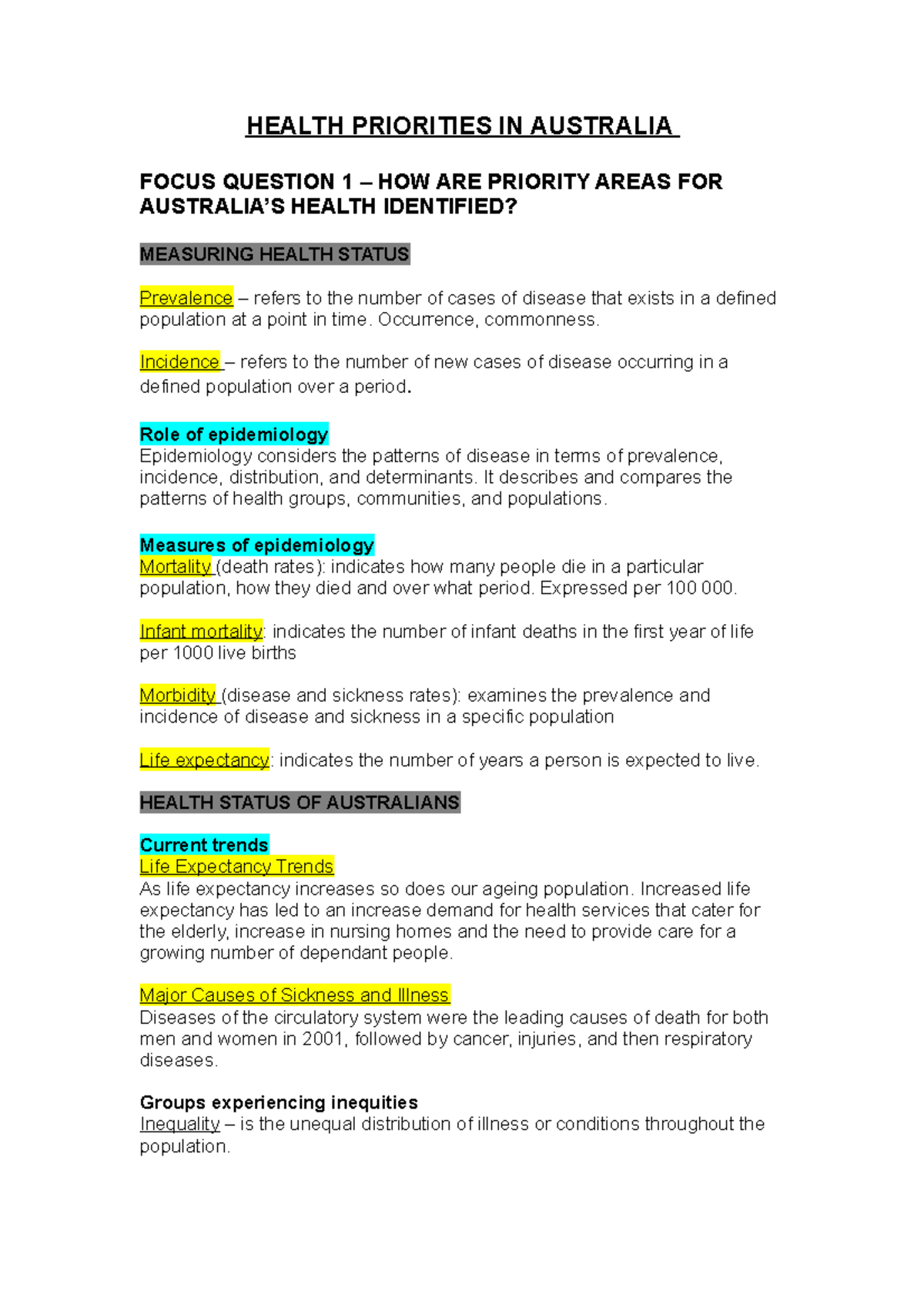 Core 1 pre reading notes - HEALTH PRIORITIES IN AUSTRALIA FOCUS ...
