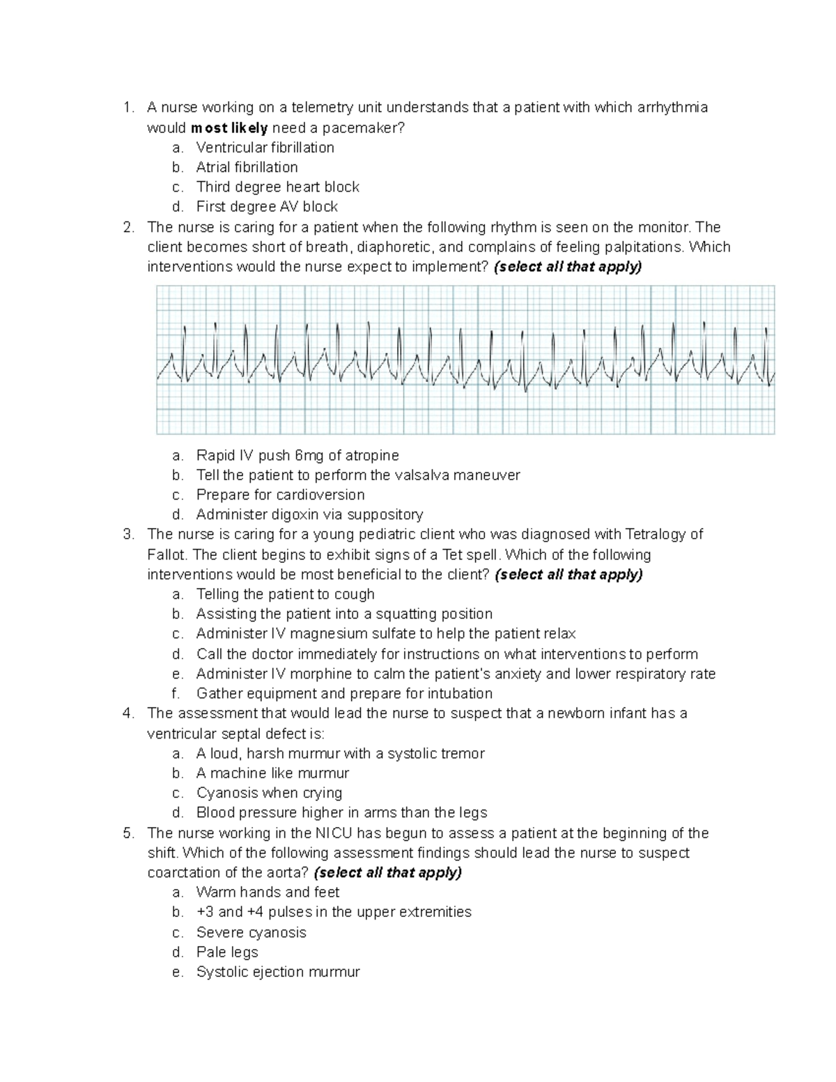 NUR 211 exam 2 practice questions - A nurse working on a telemetry unit ...
