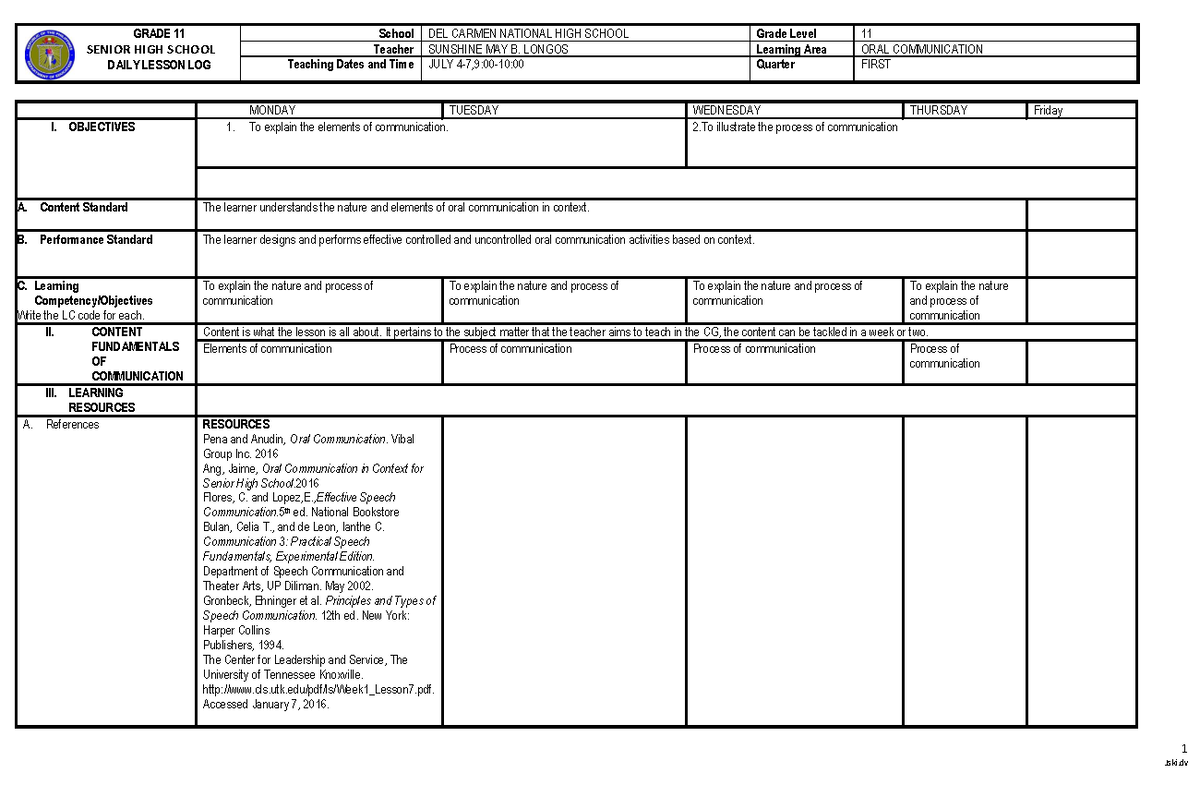DLL ORAL COM - for references - 1 GRADE 11 SENIOR HIGH SCHOOL DAILY ...