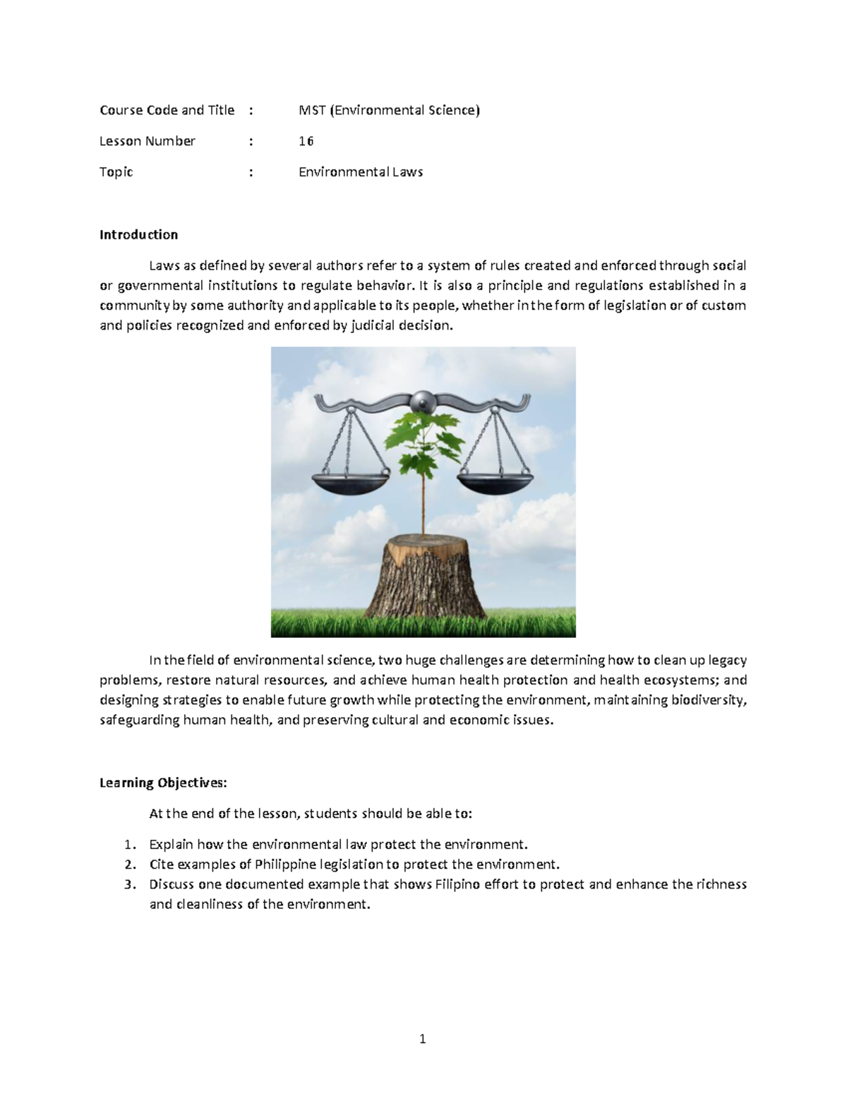 16Module in Environmental Science 3 - 1 Course Code and Title : MST ...