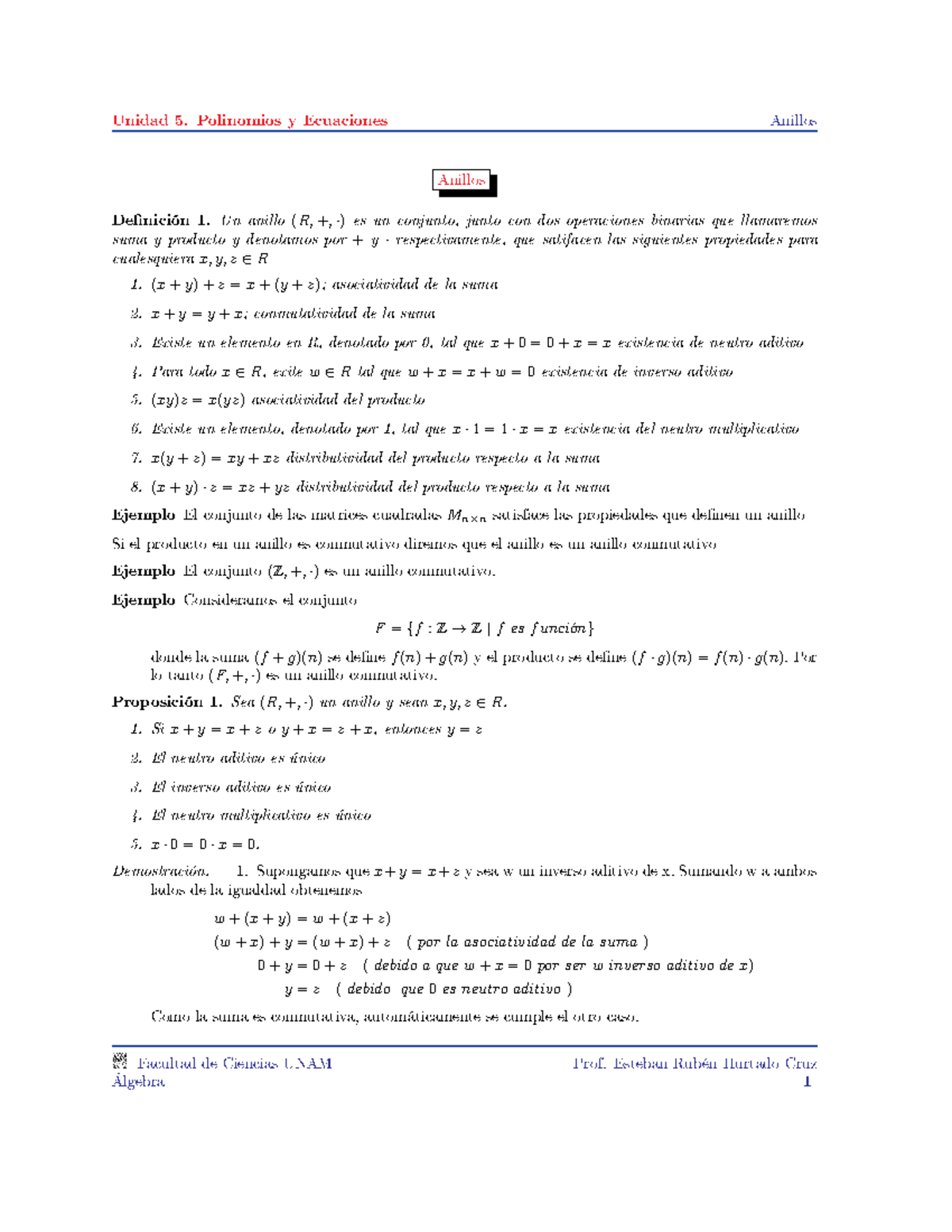 Anillos 2018 - Anillos De nición 1. Un anillo (R, +, ·) es un conjunto ...