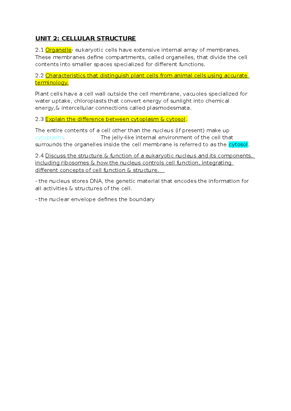 UNIT- MOLECULAR AND CELL BIOLOGY - UNIT 2: CELLULAR STRUCTURE 2 ...