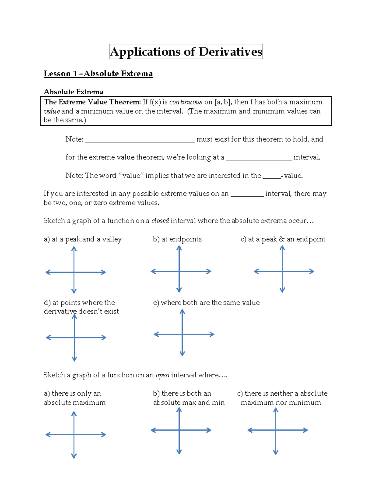 Lesson 1 - abolute extrema notes - Applications of Derivatives Lesson 1 ...