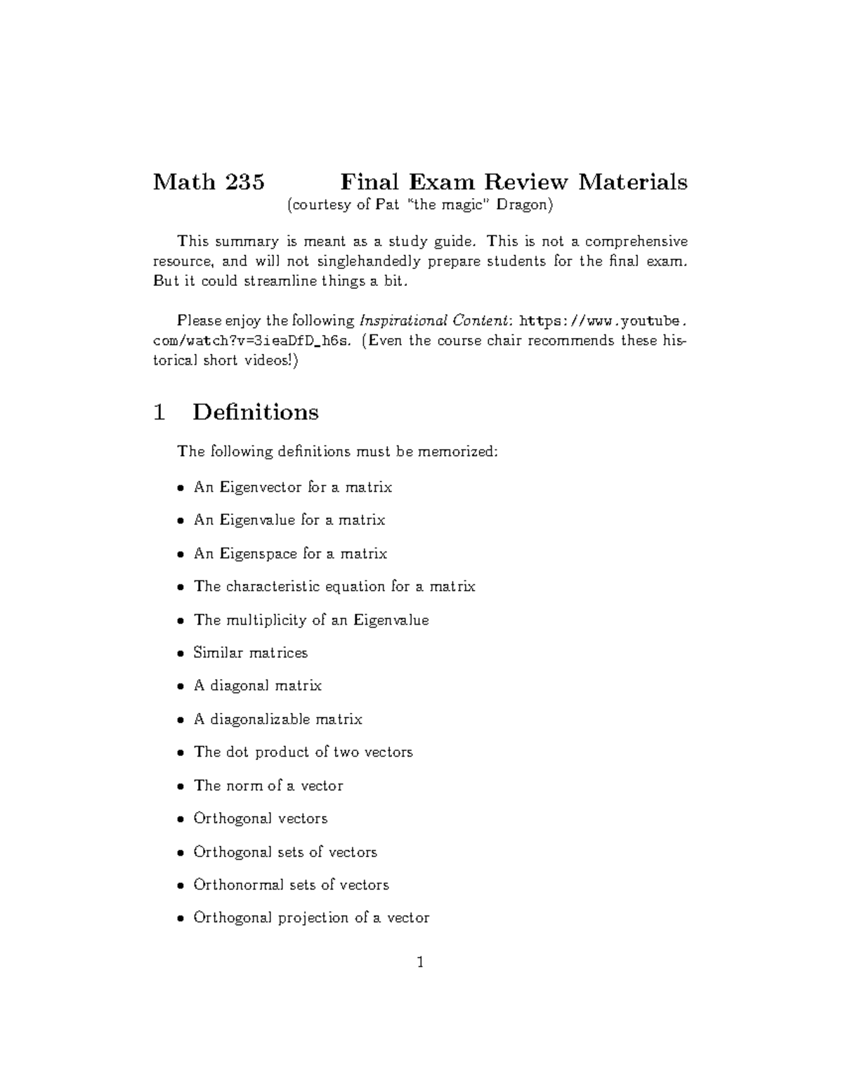 235finalreview - Summary Introduction to Linear Algebra - Math 235 Final Exam Review Materials ...