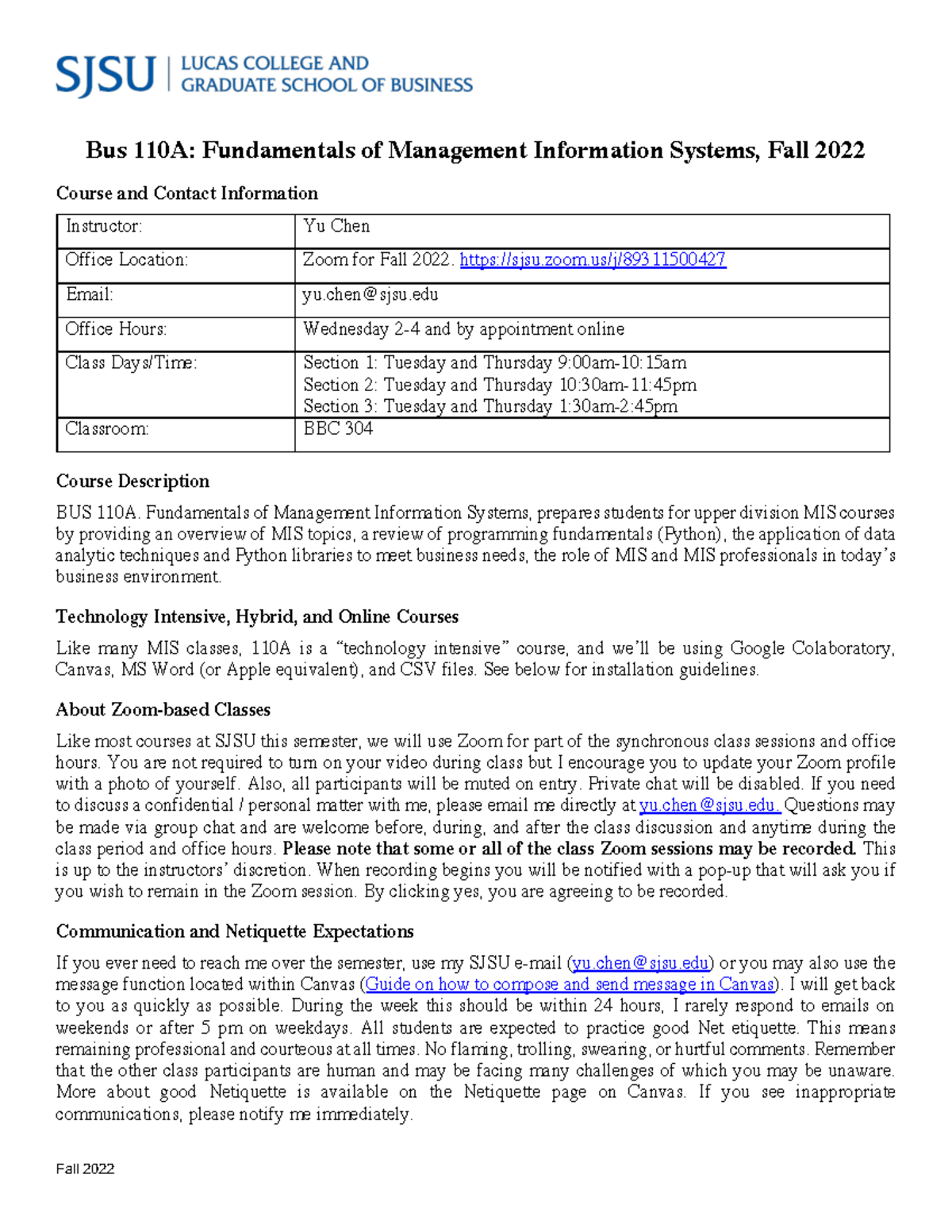 Fall 2022 BUS 110A Syllabus - Bus 110A: Fundamentals of Management Information Systems, Fall ...