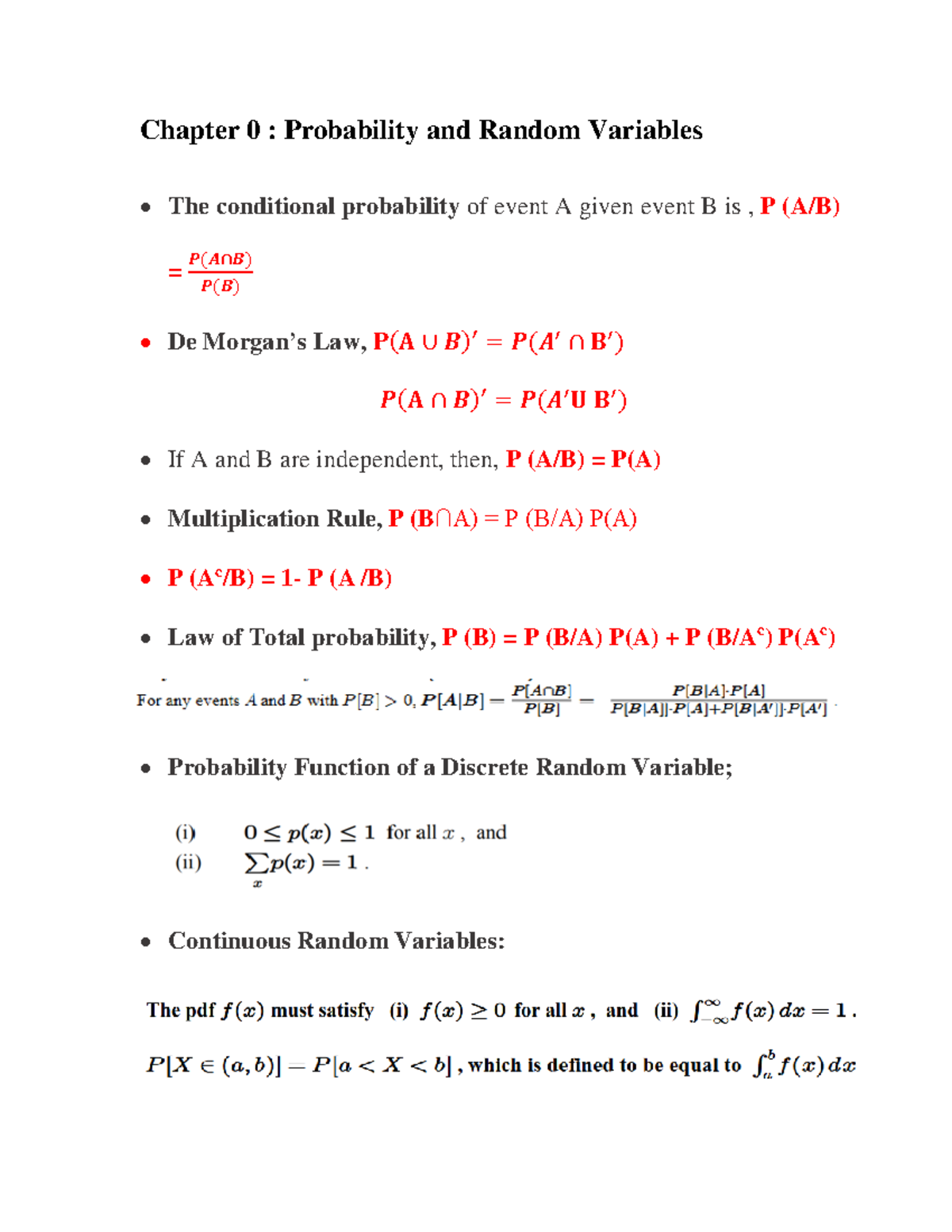 Formulas Sheet - Insurance - Chapter 0 : Probability and Random ...