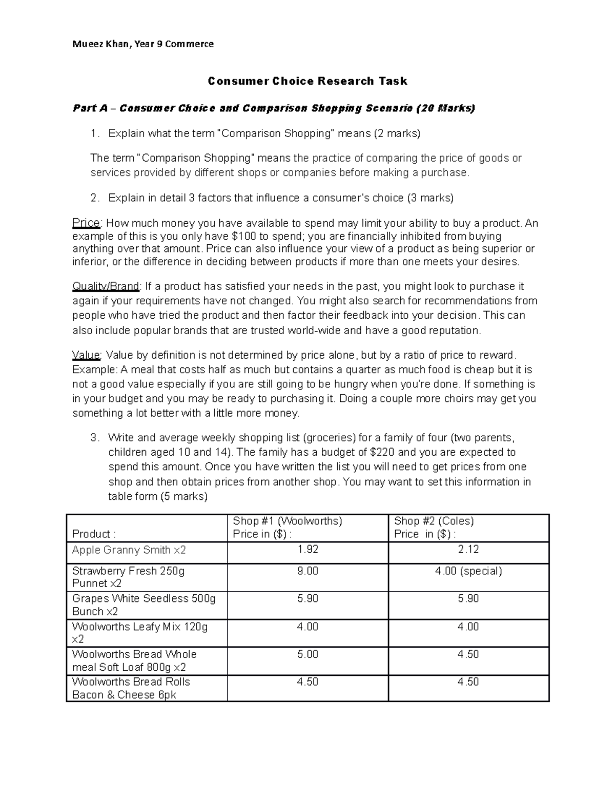 Consumer Choice Research Task - COM9 - Consumer Choice Research Task ...