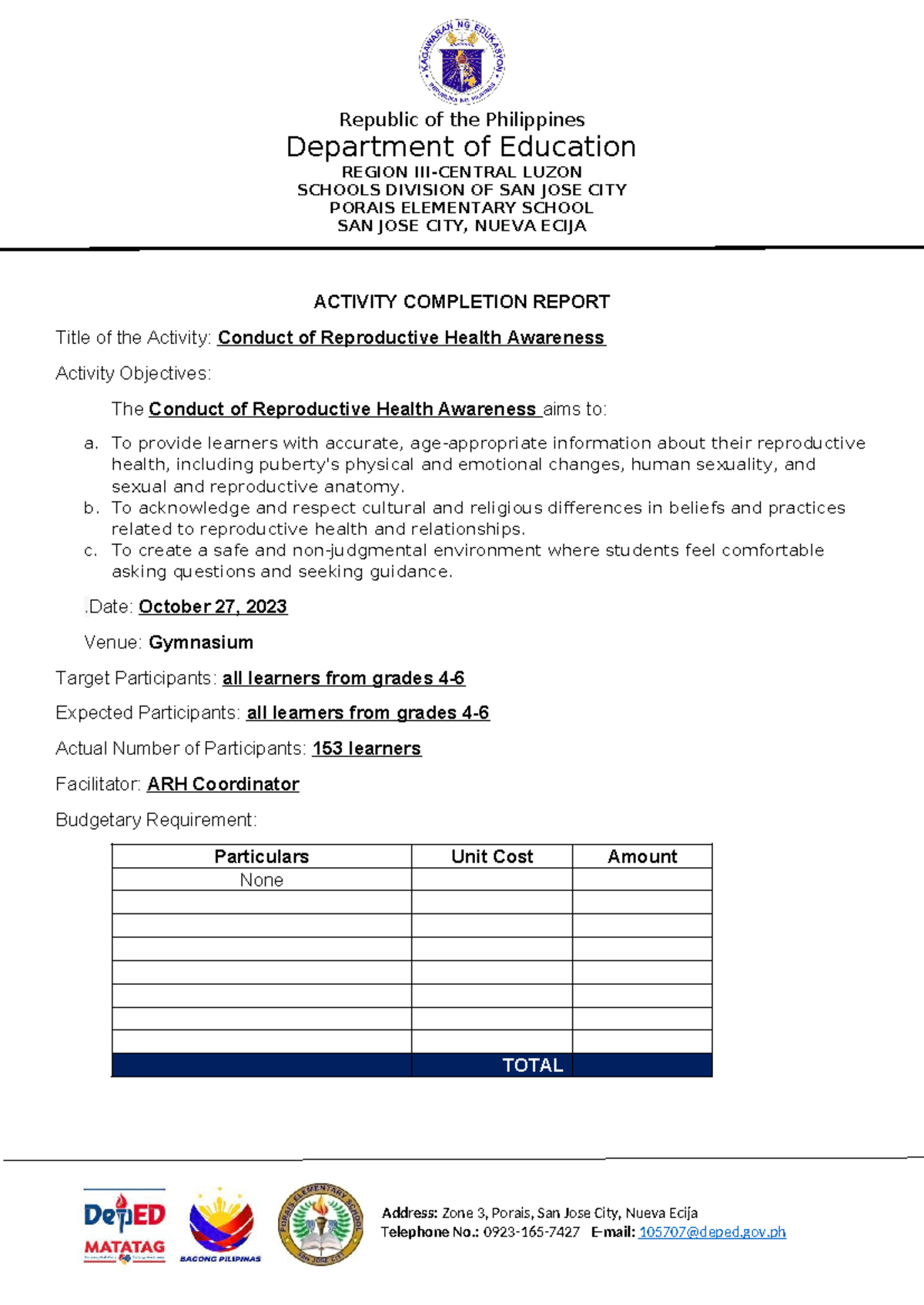 ACR reprodcutive healtth - Department of Education REGION III-CENTRAL ...