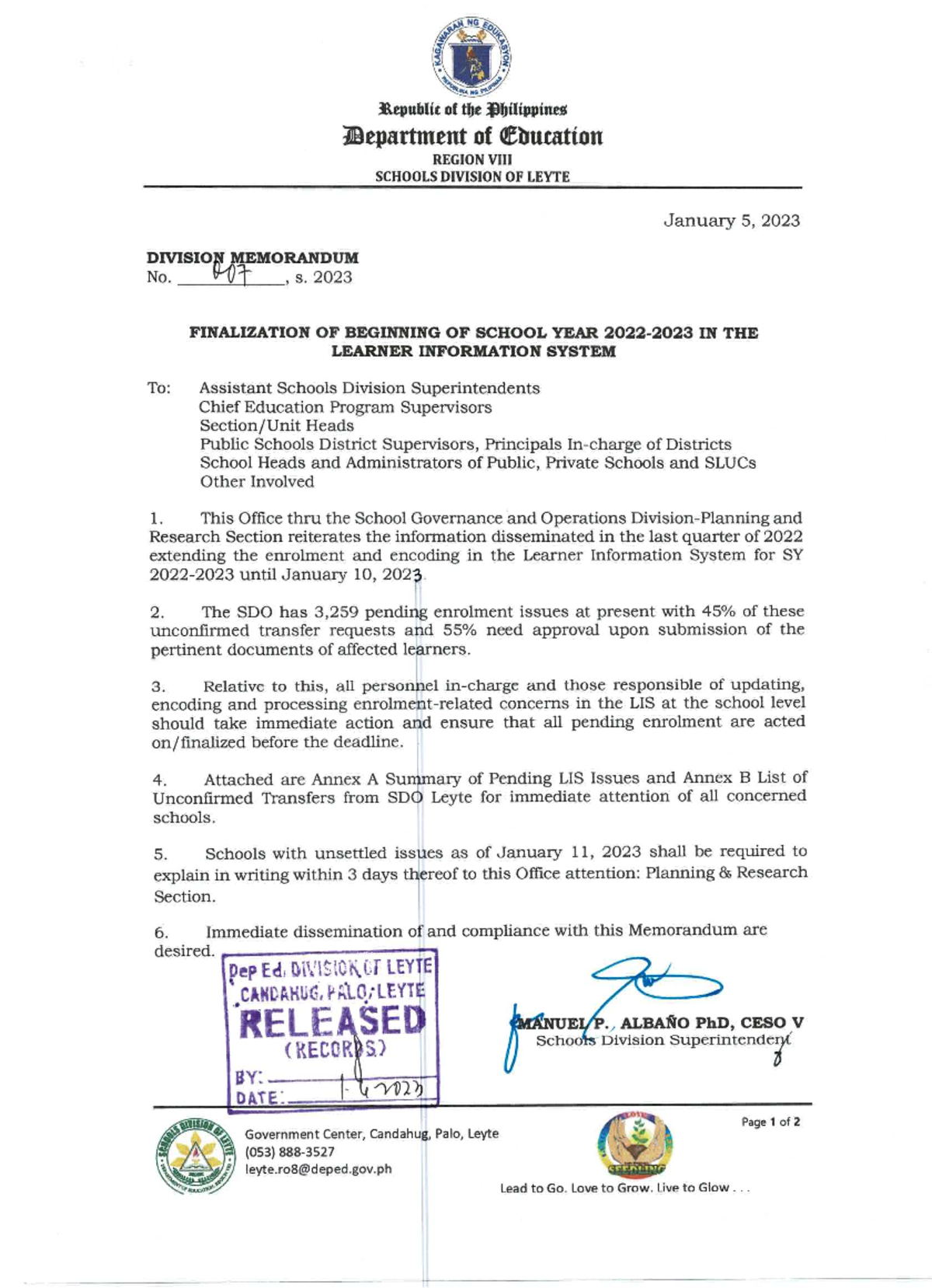 DM No. 007, s. 2023 - Finalization of Beginning of School Year 2022 ...