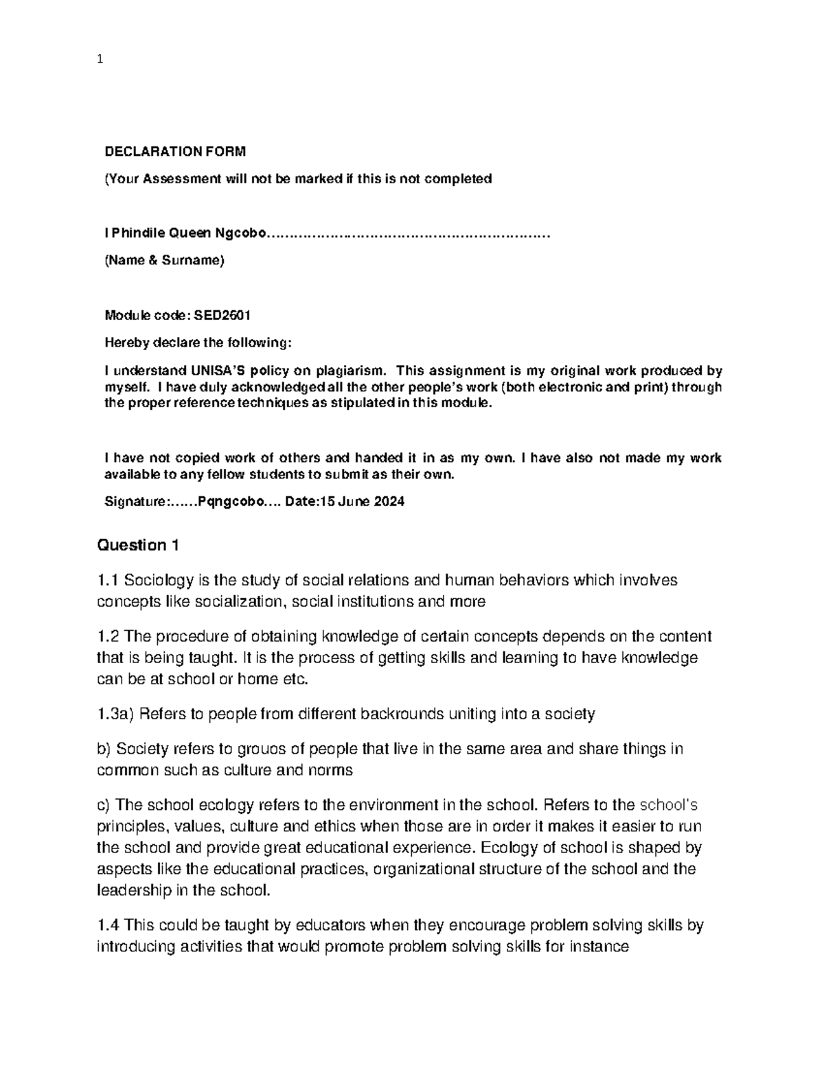 SED2601 edited - assessment 2 - DECLARATION FORM (Your Assessment will not be marked if this is ...