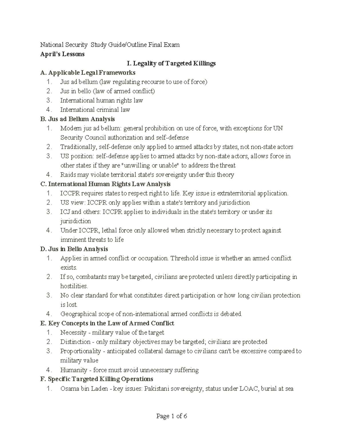 Targeted Killings Outline - National Security Study Guide/Outline Final ...