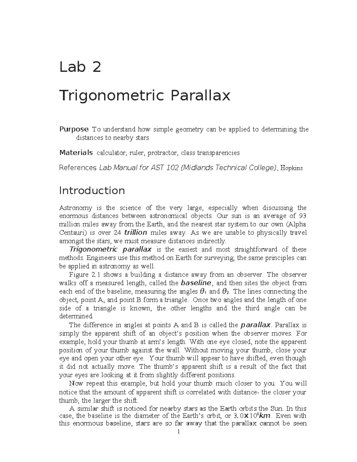 Lab 2 - lab - Lab 2 Trigonometric Parallax Purpose To understand how simple geometry can be ...