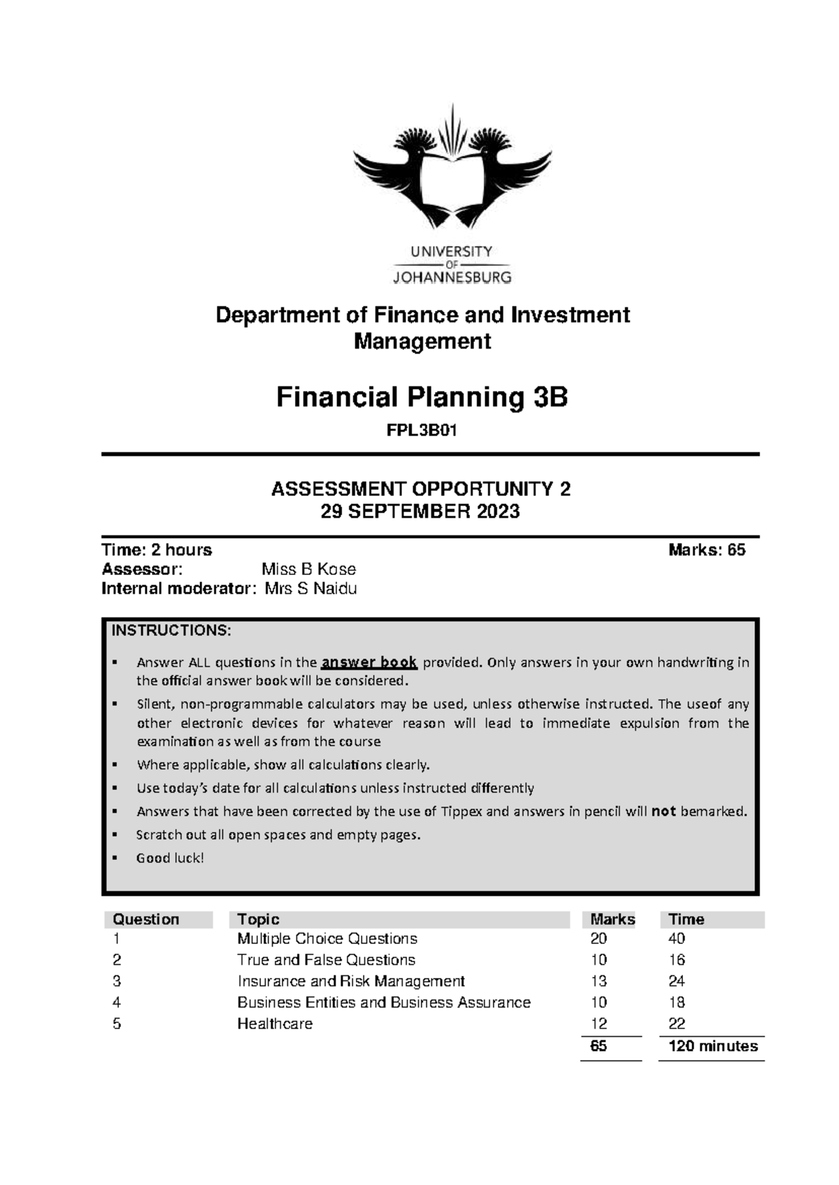 FPL3B AO2 Memo - It is a question paper and a memo of financial ...