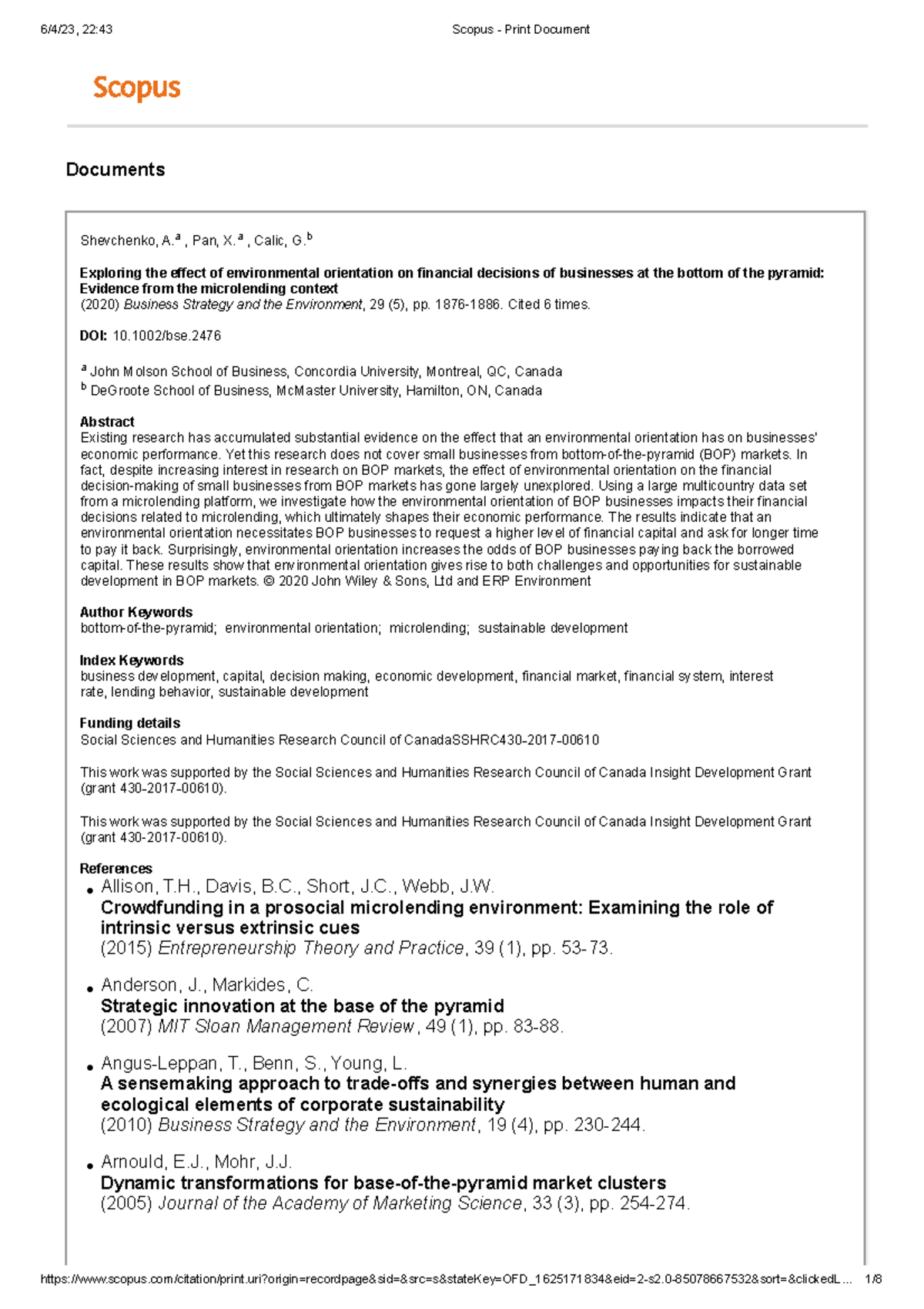 Scopus - Print Document - Documents Shevchenko, A , Pan, X , Calic, G Exploring the effect of ...