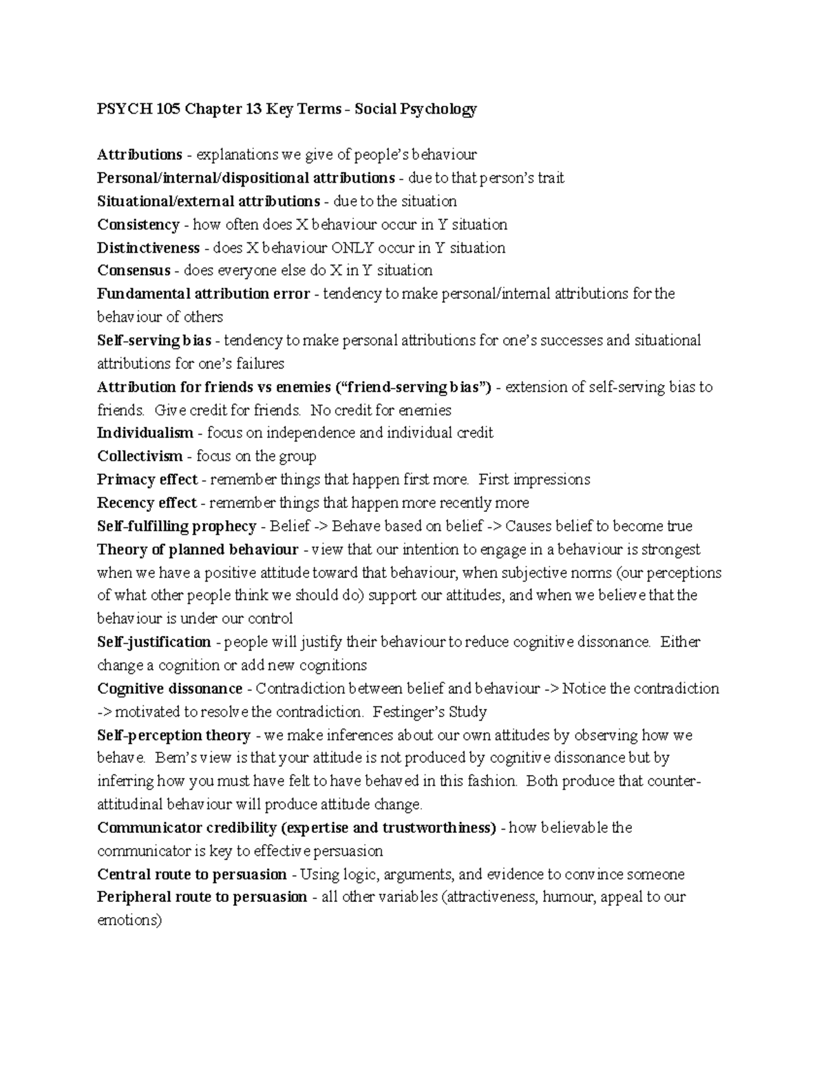 Chapter 13 Key Terms - Social Psychology - PSYCH 105 Chapter 13 Key ...