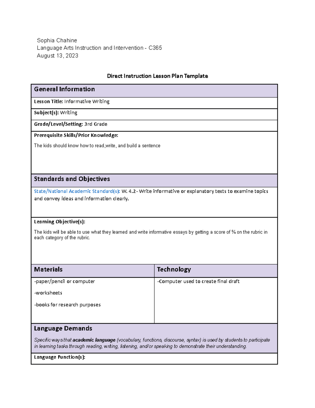 C365 task 1 - first attempt - Sophia Chahine Language Arts Instruction and Intervention - C ...