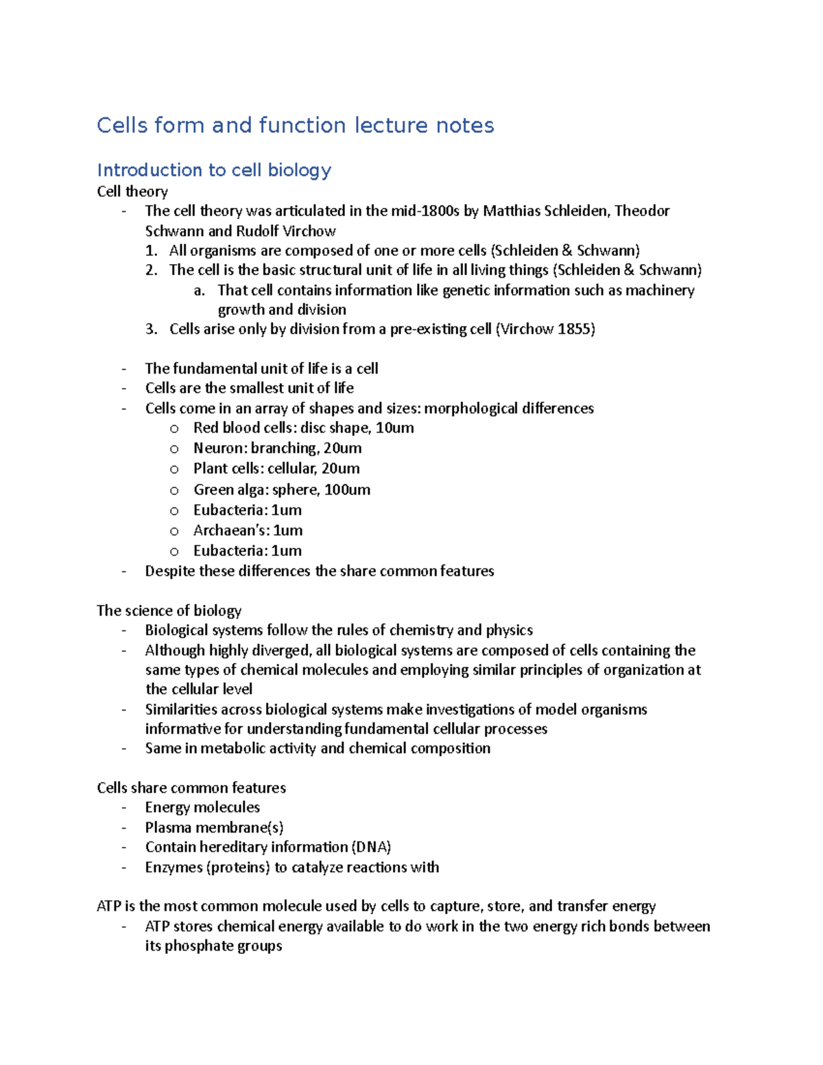 Cells Form And Function Lecture Notes Cells Form And Function Lecture Notes Introduction To