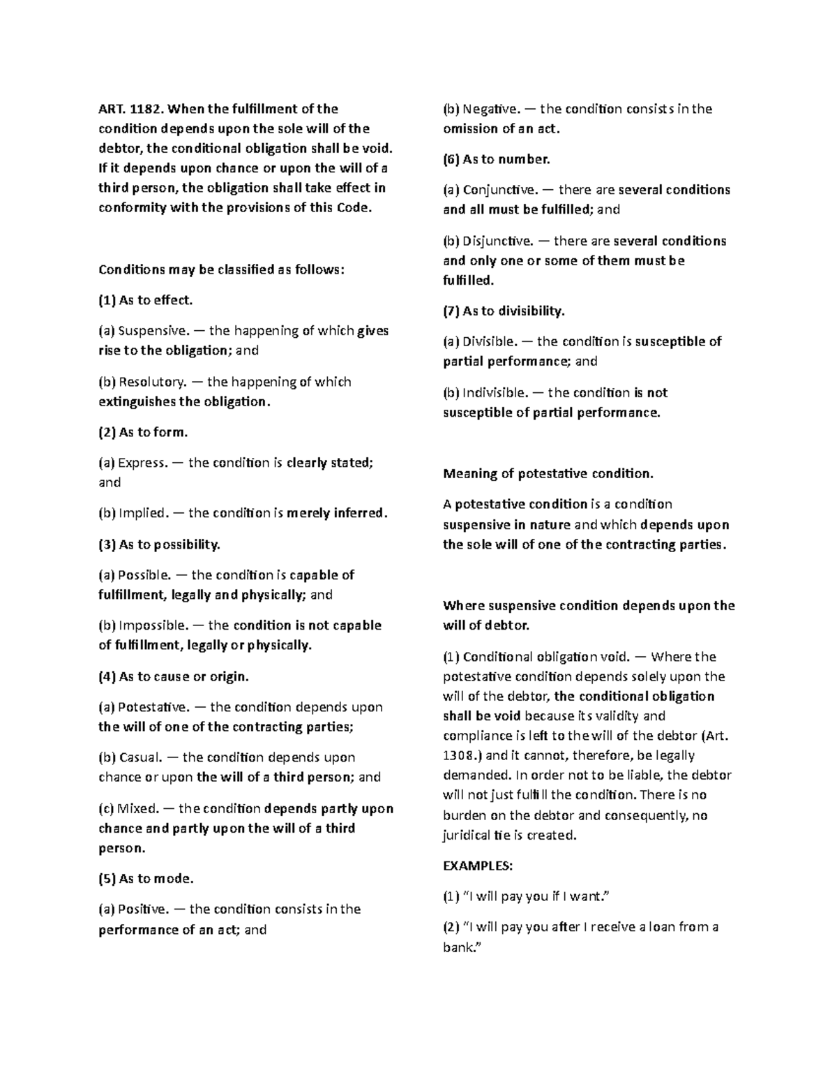 Oblicon notes part 3 - ART. 1182. When the fulfillment of the condition ...