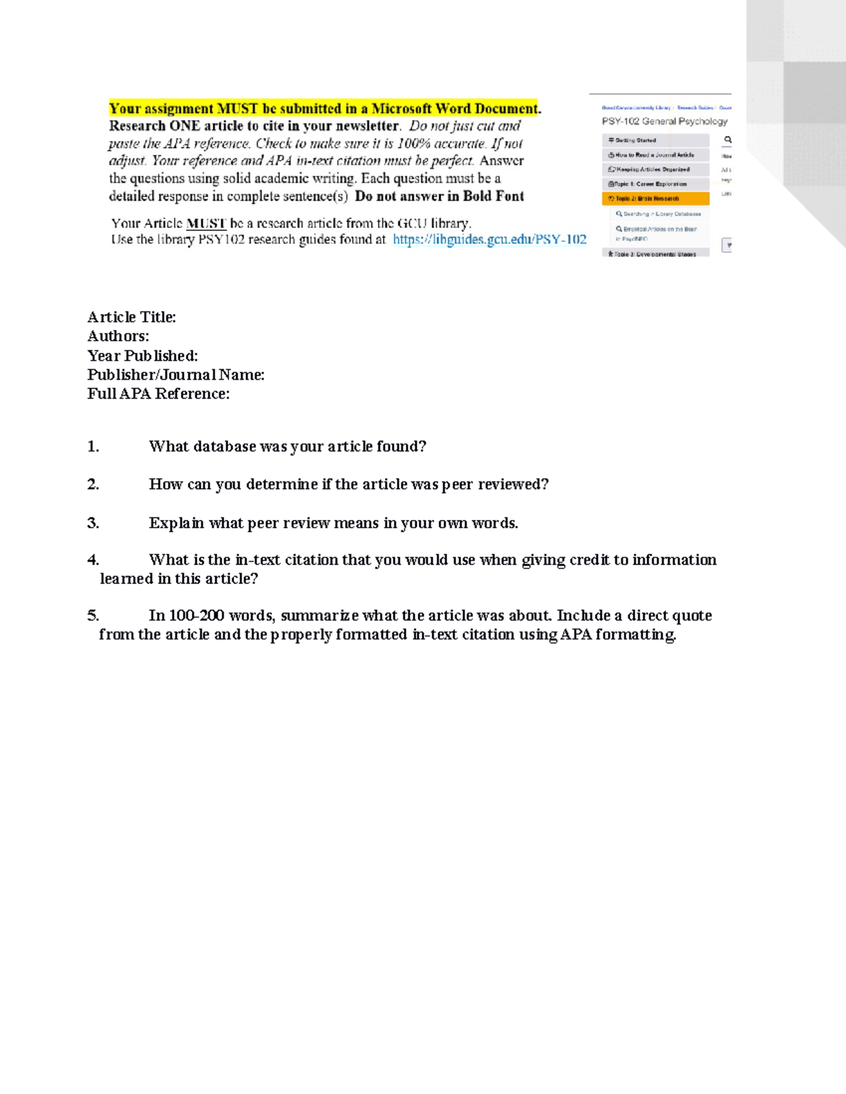 Assignment 2 Newsletter Psychology 102 guide - Article Title: Authors ...