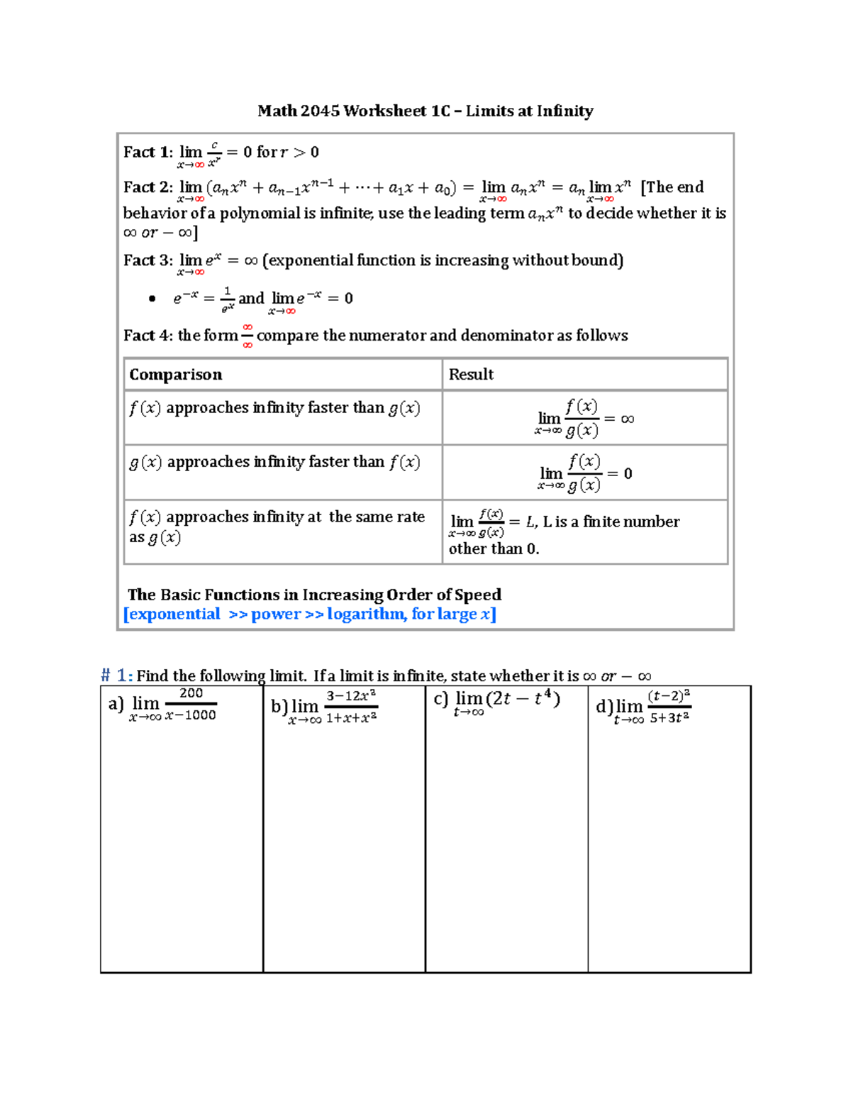 Math 2045 Worksheet 1C - Limits at Infinity - Math 2045 Worksheet 1C ...