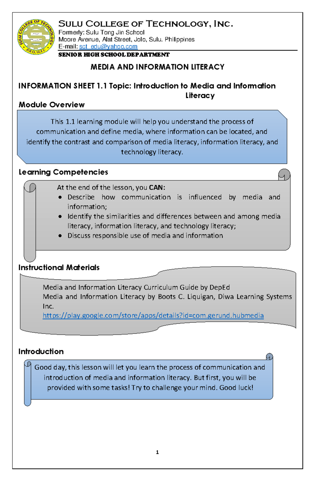 Infomation sheet 2022-2023 - Sulu College of Technology, Inc. Formerly ...
