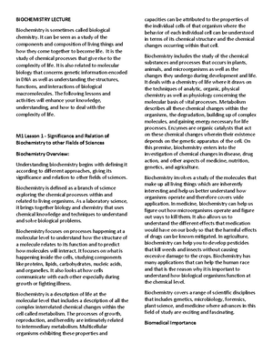 Biochemistry Module 1 - BIOCHEMISTRY Chemistry of life The science ...