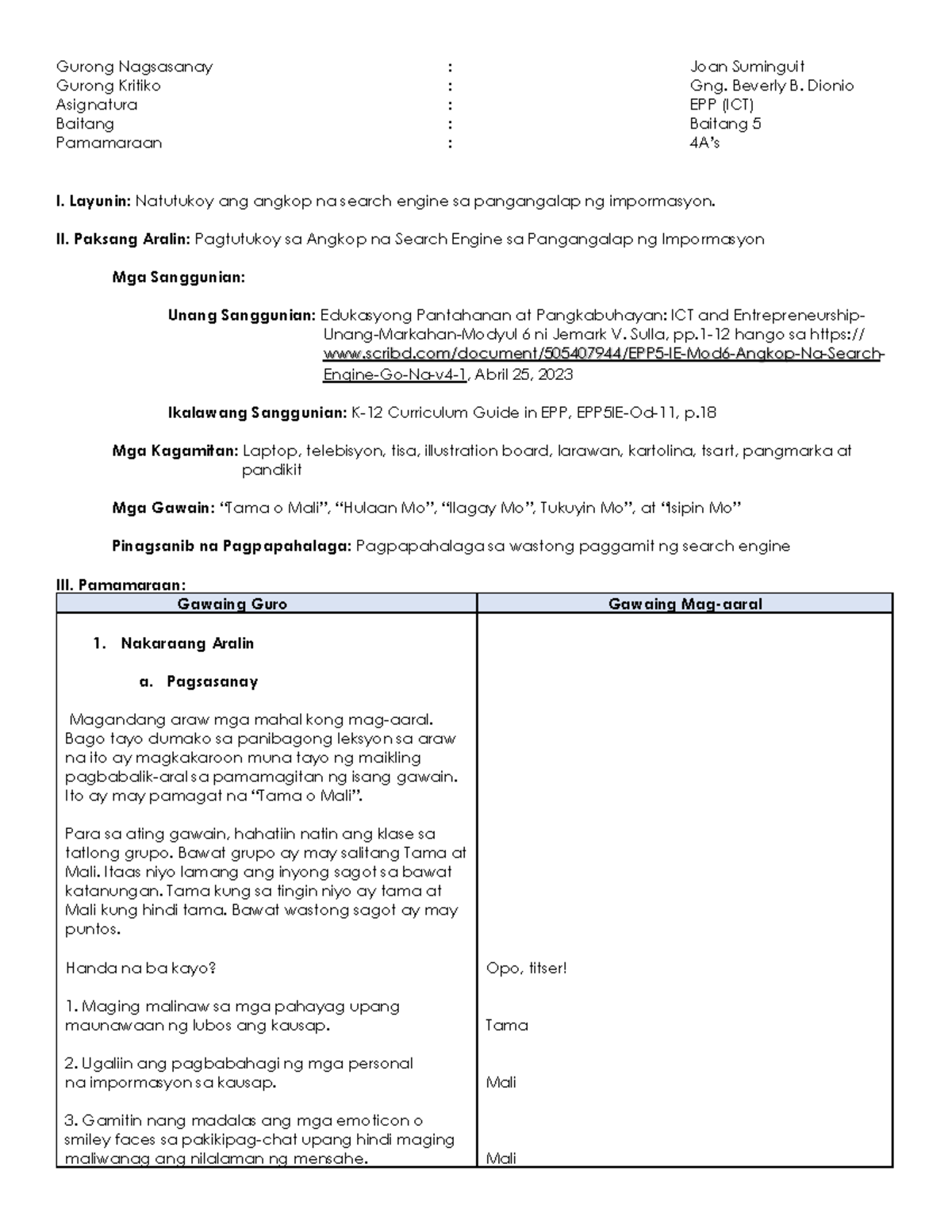 EPP Final LP 2023-2024 - Gurong Nagsasanay : Joan Suminguit Gurong Kritiko : Gng. Beverly B ...