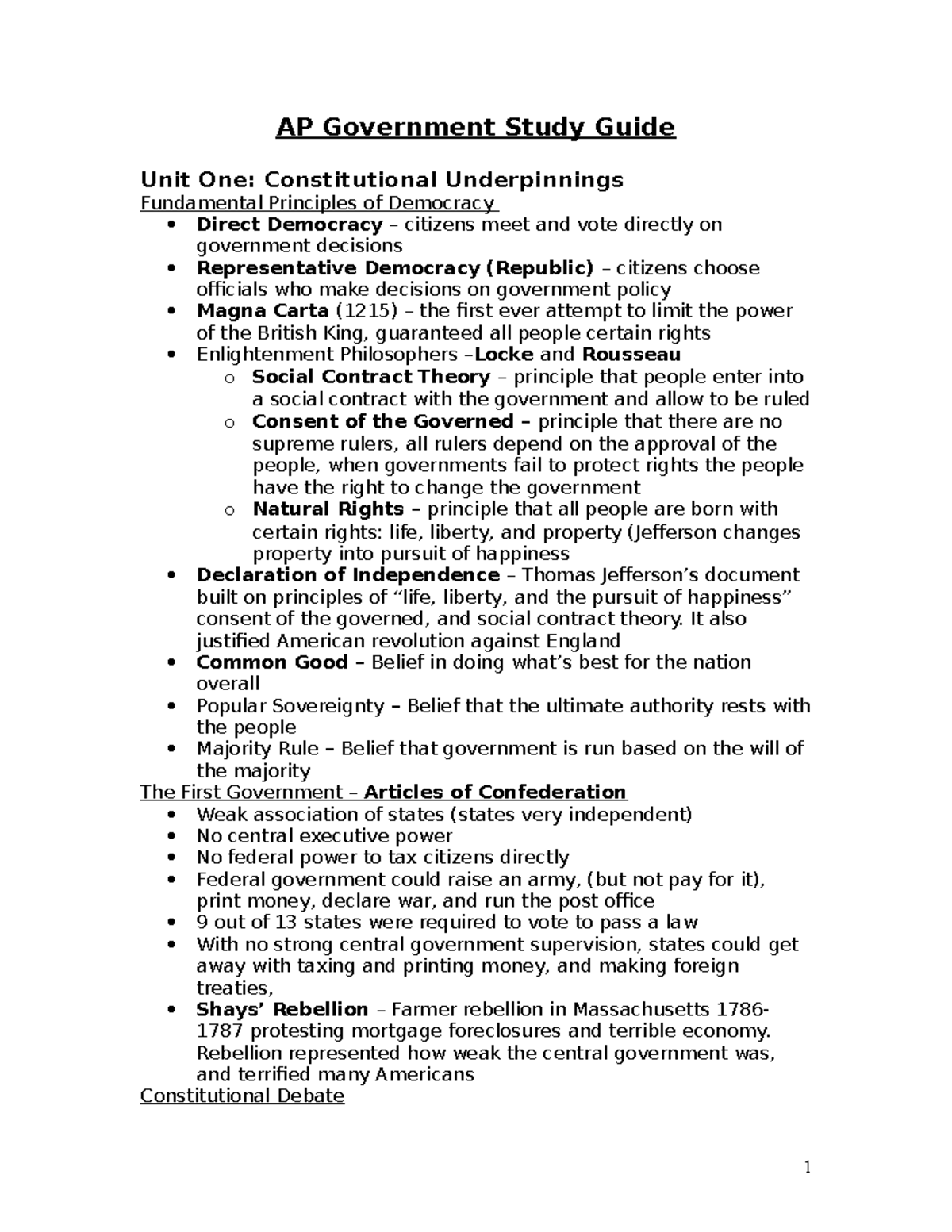 Ap government cram sheet - AP Government Study Guide Unit One ...