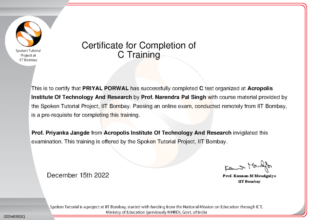 Priyal Porwal Participant Certificate - _ _ Spoken Tutorial is a project at IIT Bombay, started ...