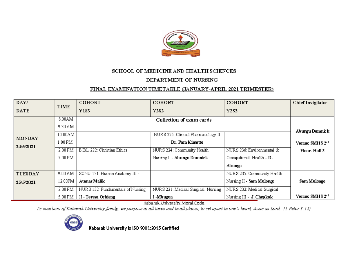 Final- Exam Timetable JAN- April 2021 - SCHOOL OF MEDICINE AND HEALTH ...