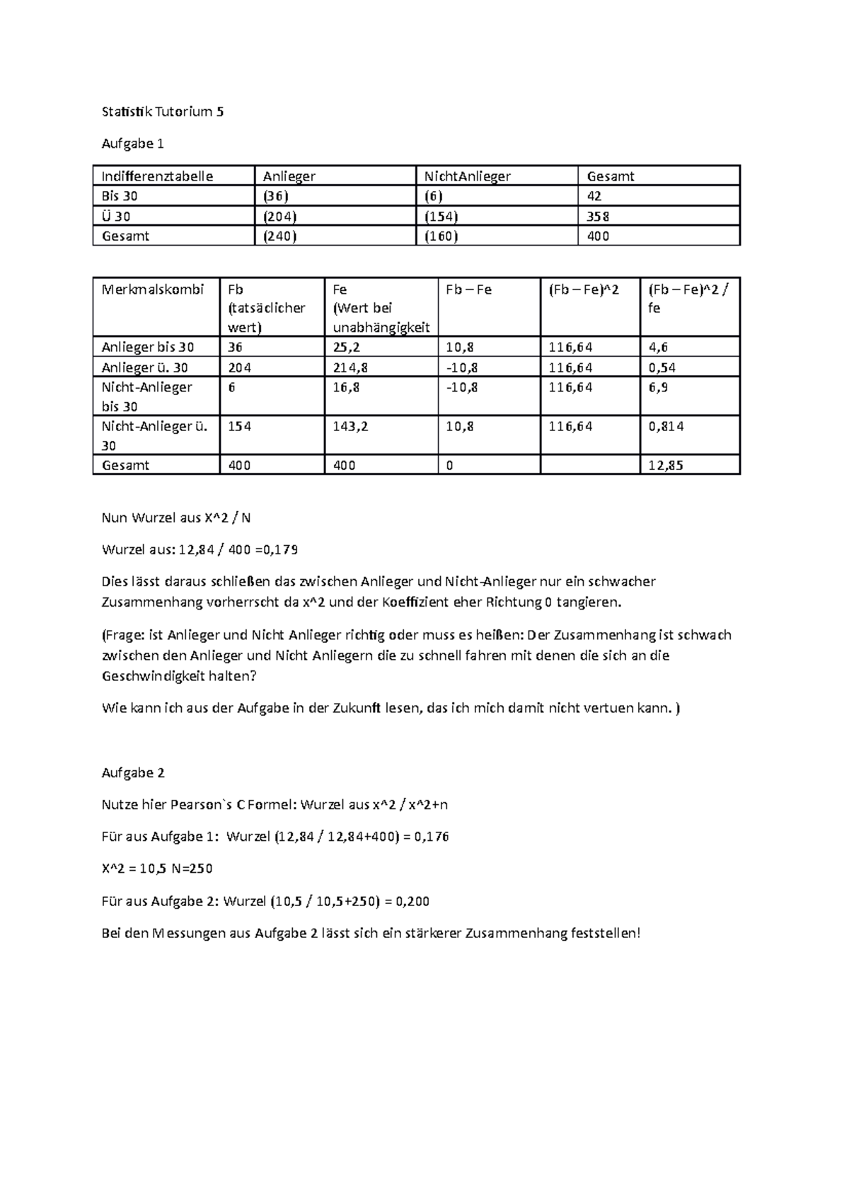 Statistik Tutorium 5 Übung - Statistik Tutorium 5 Aufgabe 1 Indifferenztabelle Anlieger - Studocu