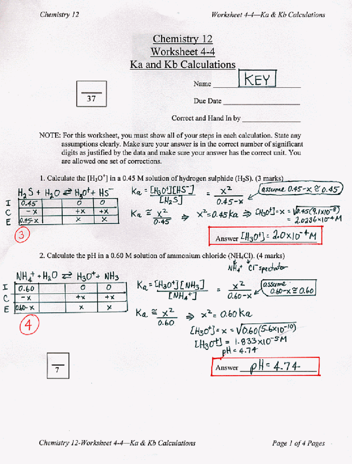 Ws 4-4 key p1-4 - chemistry - Chemistry 12 Worksheet Kb Calculations ...
