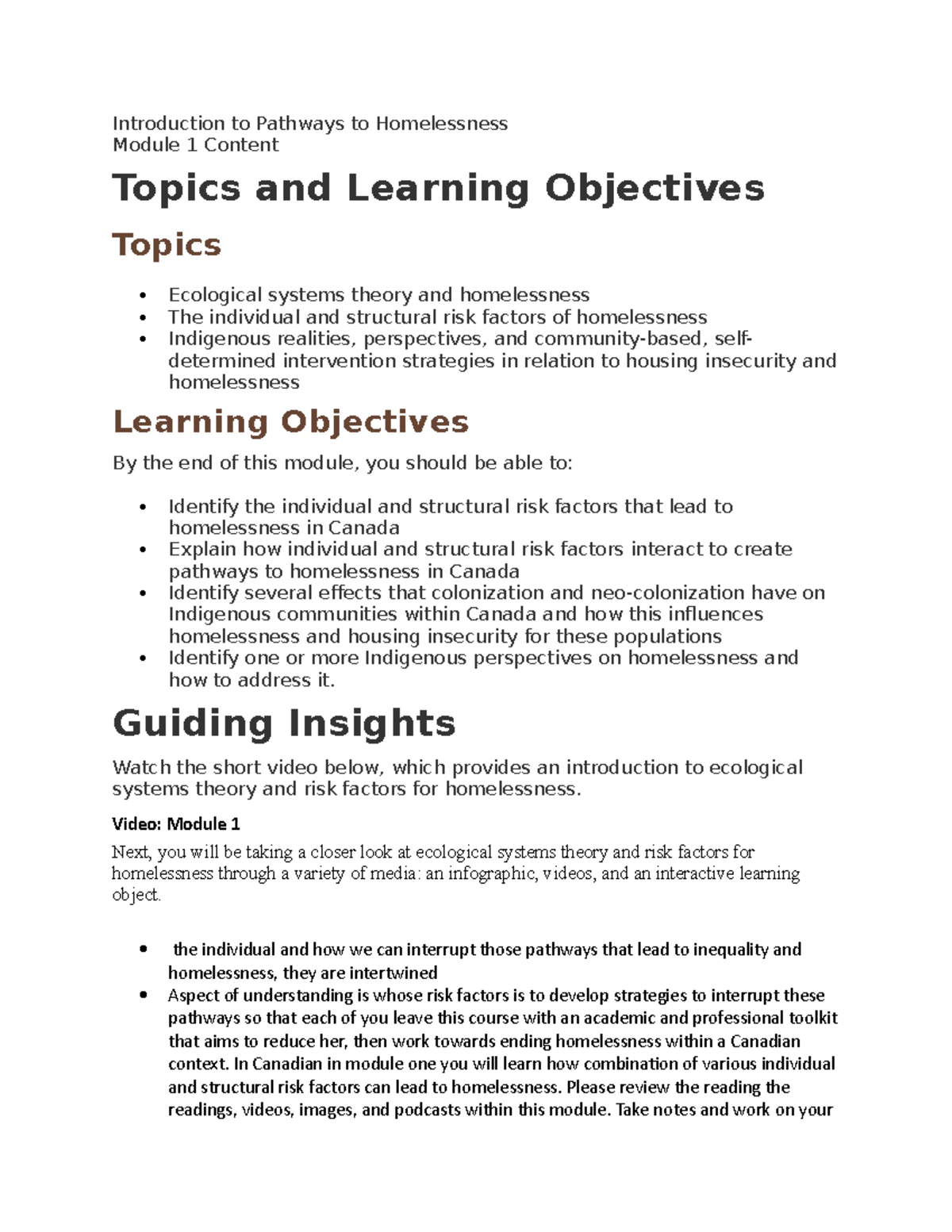 Cint 908 module 1 - Introduction to Pathways to Homelessness Module 1 ...