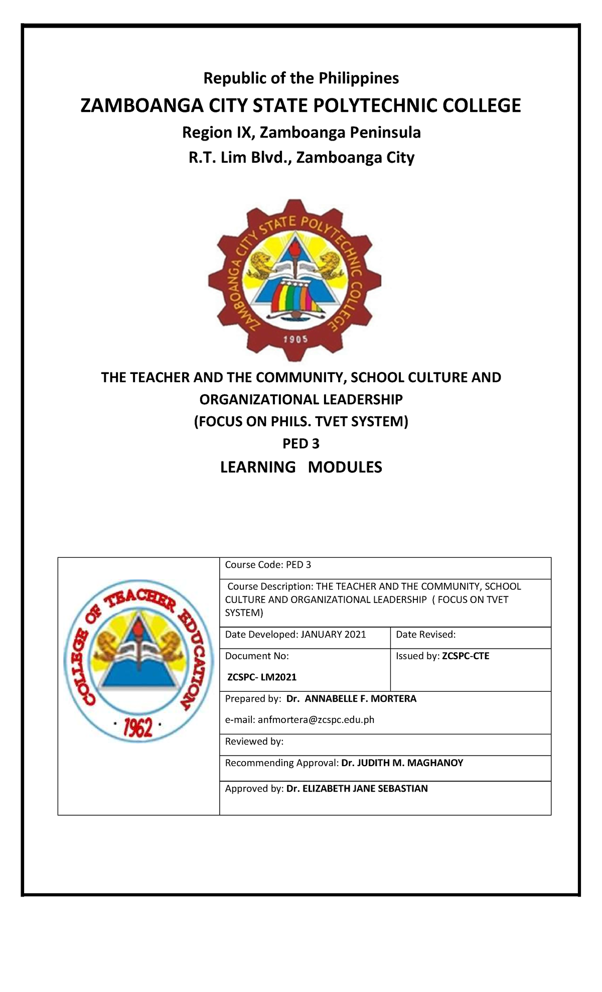 Syllabus-PED-3 - Lesson 1 - Course Code: PED 3 Course Description: THE TEACHER AND THE COMMUNITY ...
