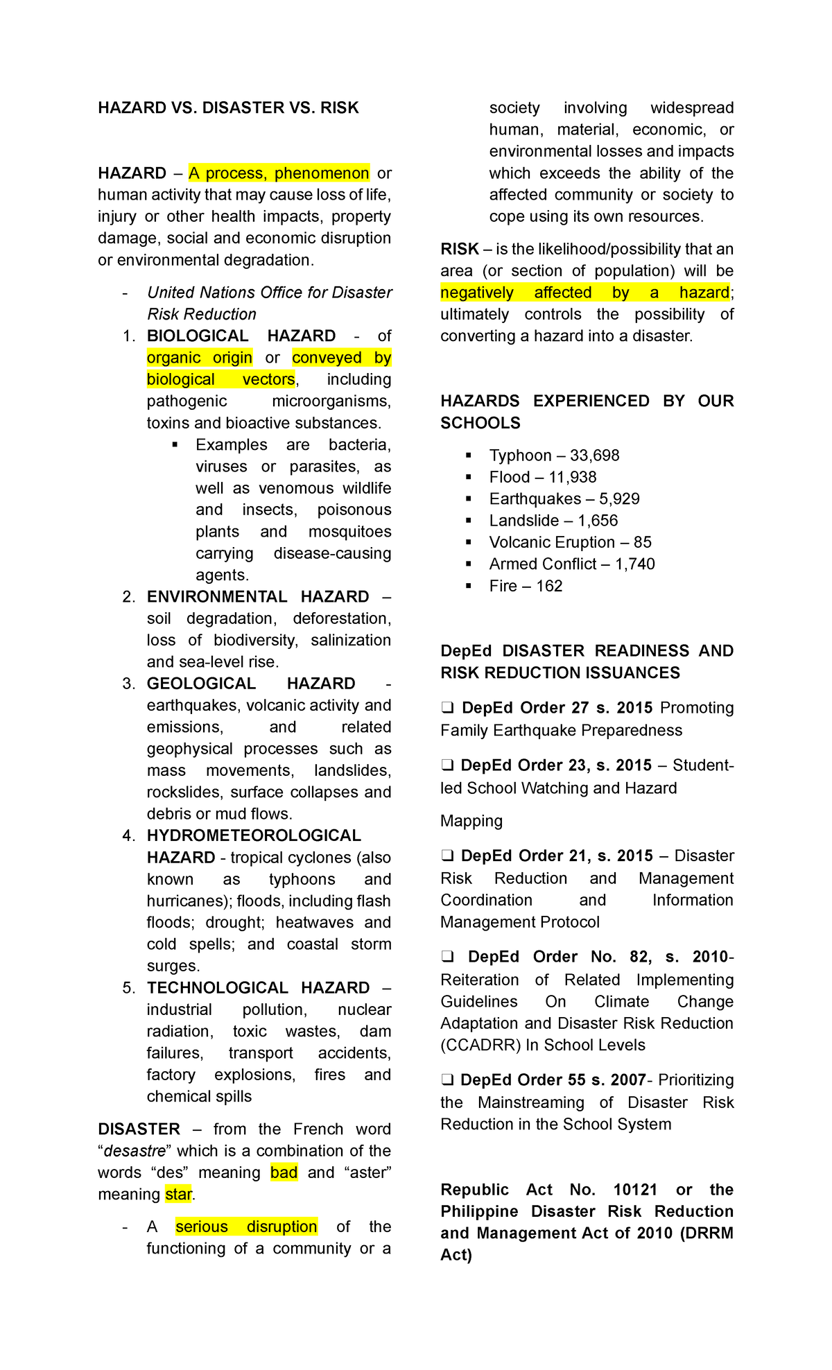 DRRR Reviewer - HAZARD VS. DISASTER VS. RISK HAZARD – A process ...