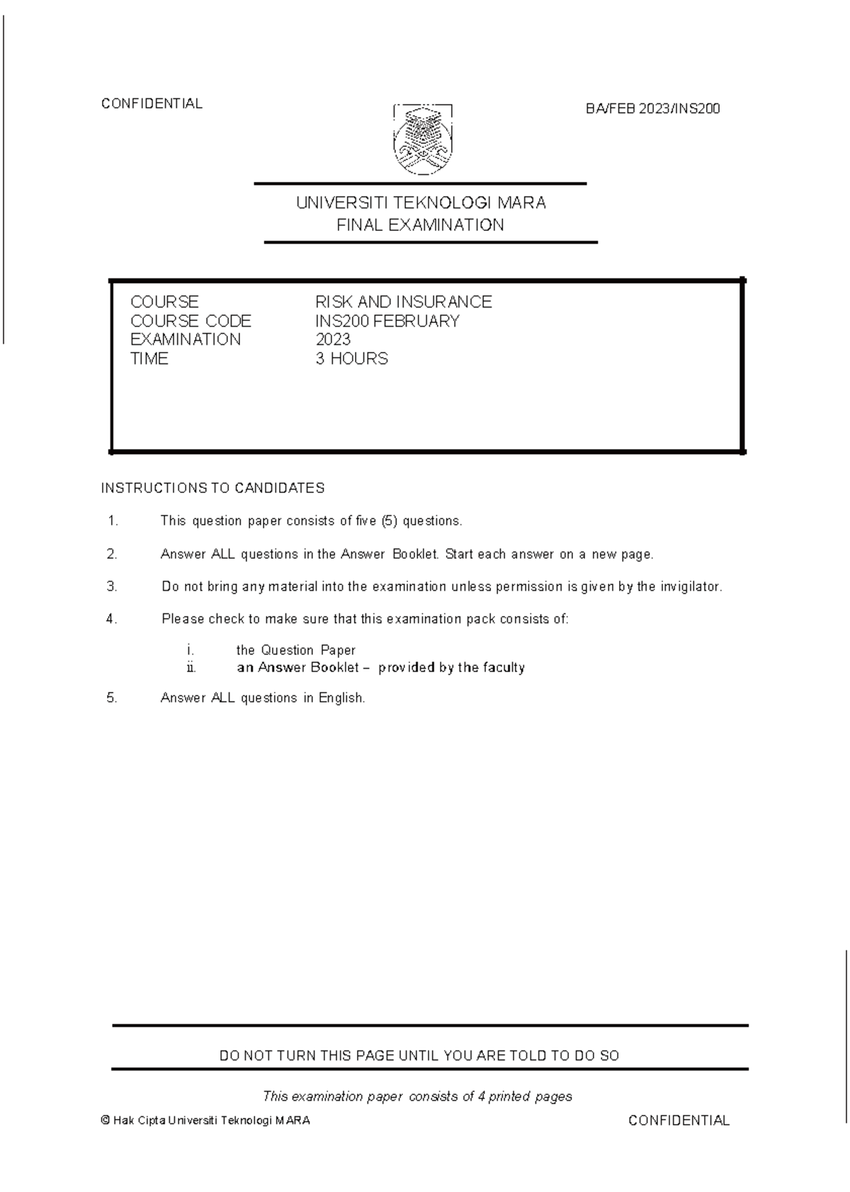 Faculty Business Management 2023 Session 1 - PRA- Diploma DAN Diploma INS200 - COURSE COURSE ...