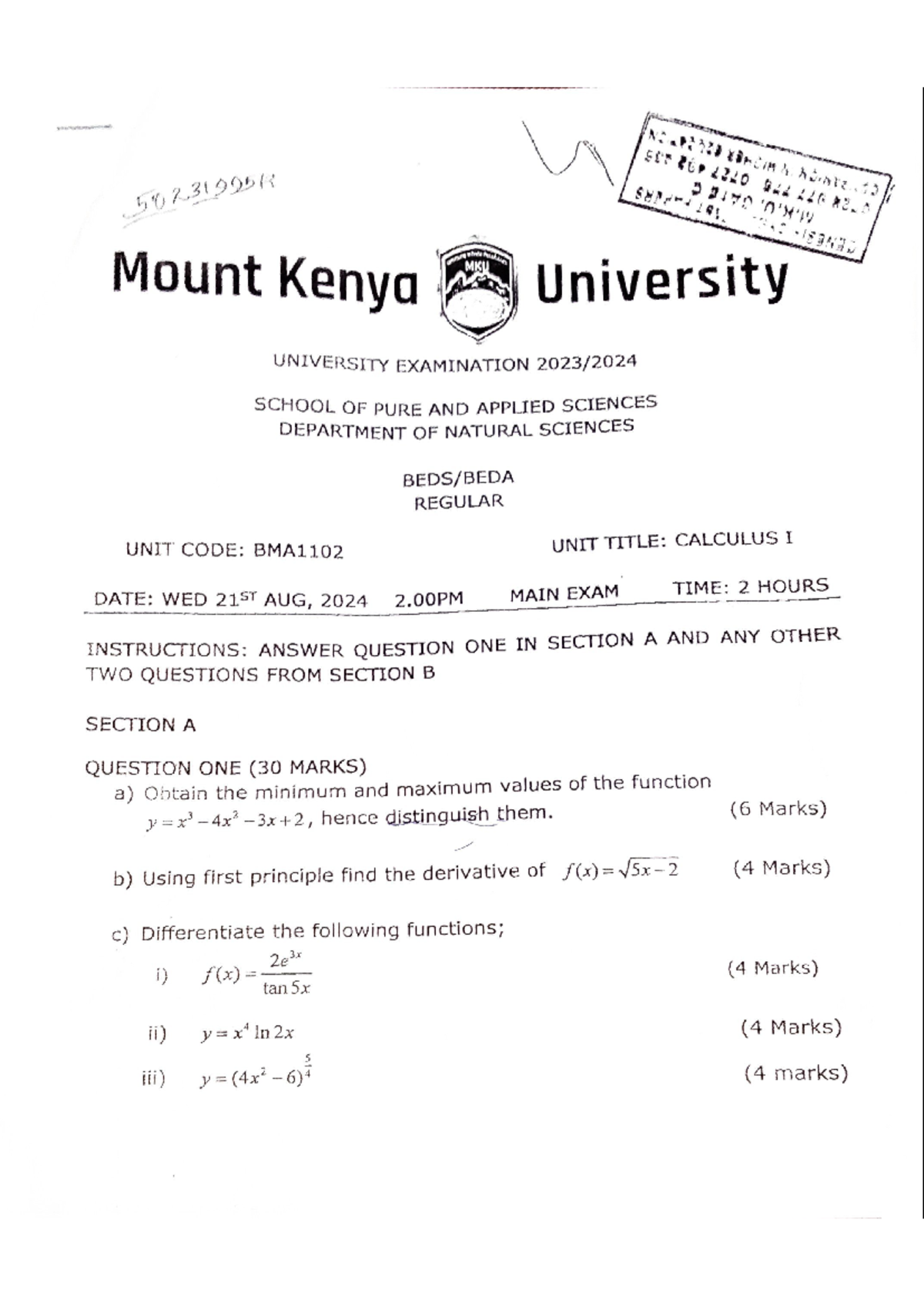 Calculus past paper two - N: Bid 13 water Mount Kenya MKU University ...