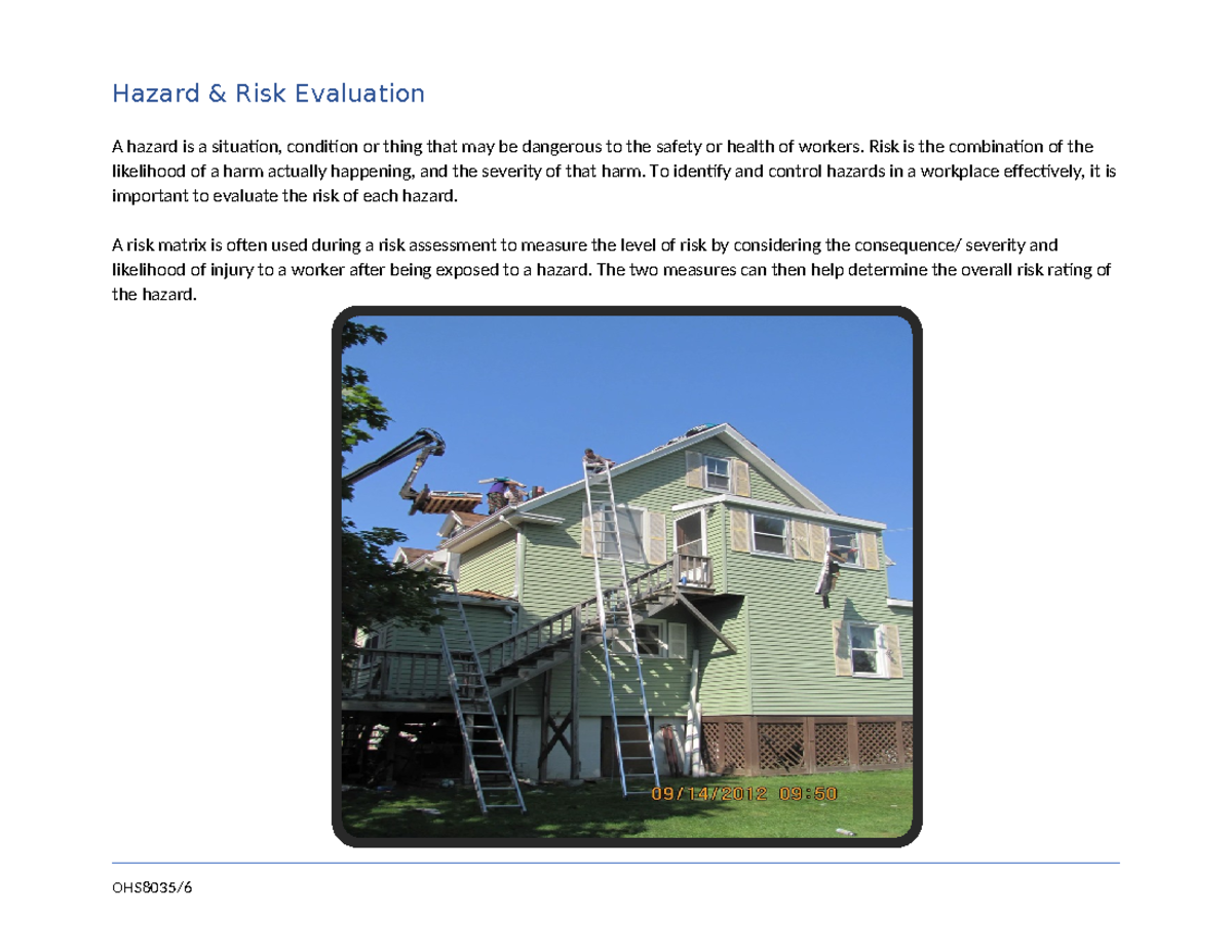 OHS8035 Week 5 In Class Activity Hazard and Risk Evaluation - Hazard ...