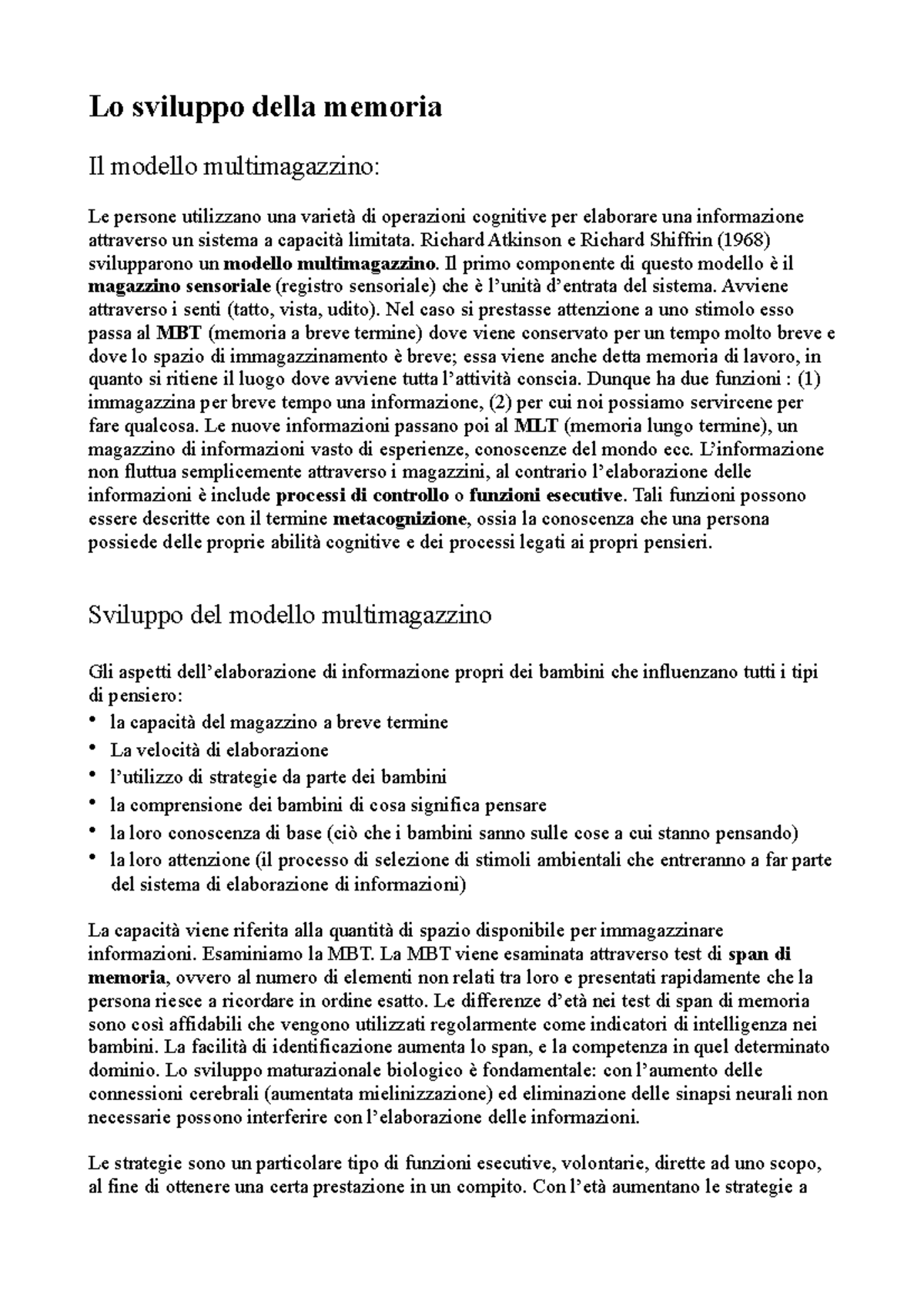Elaborazione delle informazioni - Capitolo 7 - Lo sviluppo della memoria Il modello ...