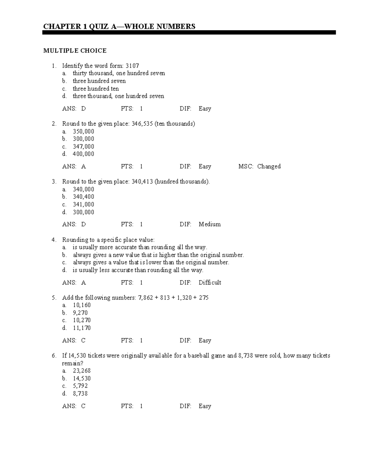 9780324568493 Test Bank Ch1 CHAPTER 1 QUIZ A WHOLE NUMBERS MULTIPLE