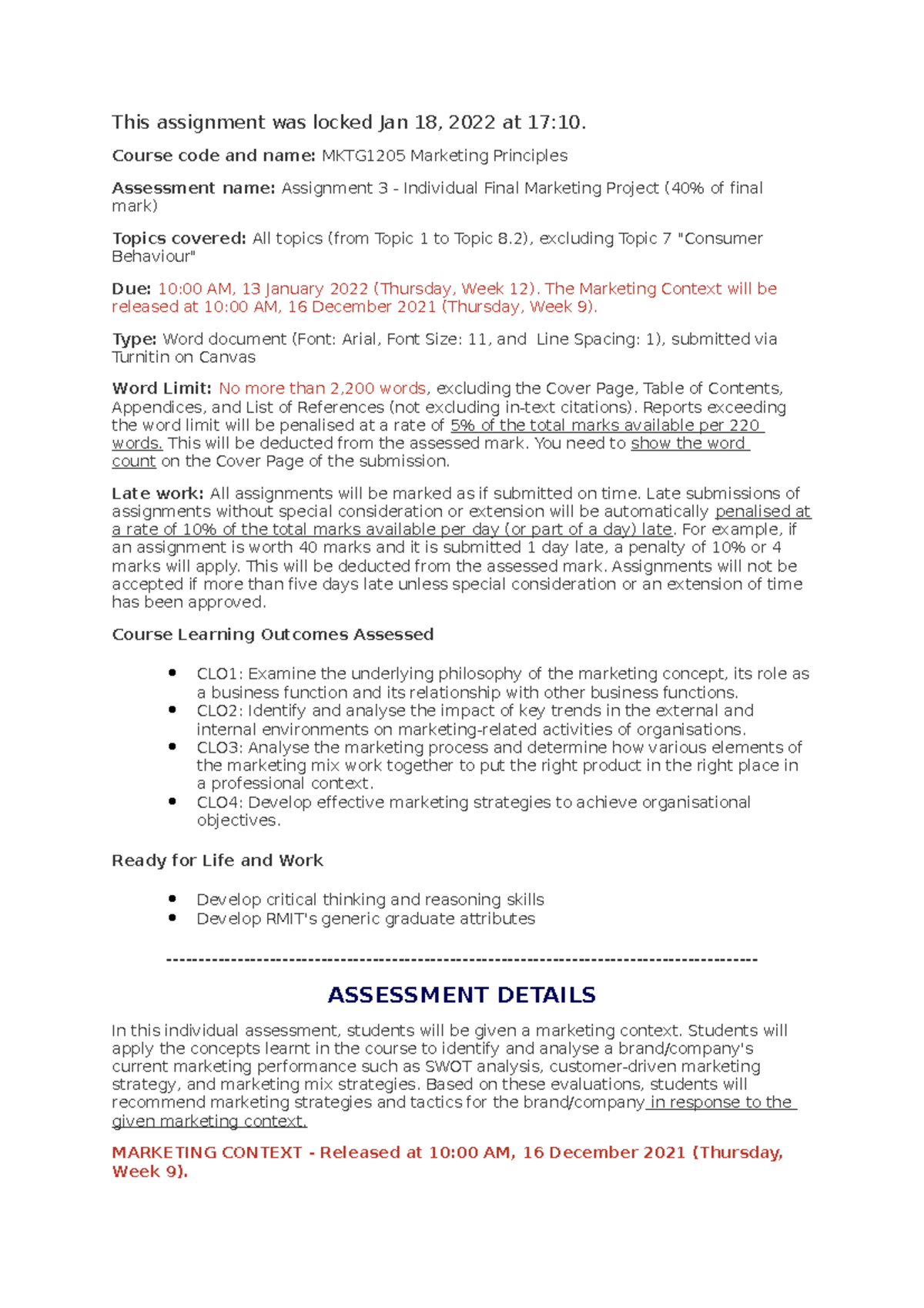 Marketing principle final assignment - This assignment was locked Jan ...