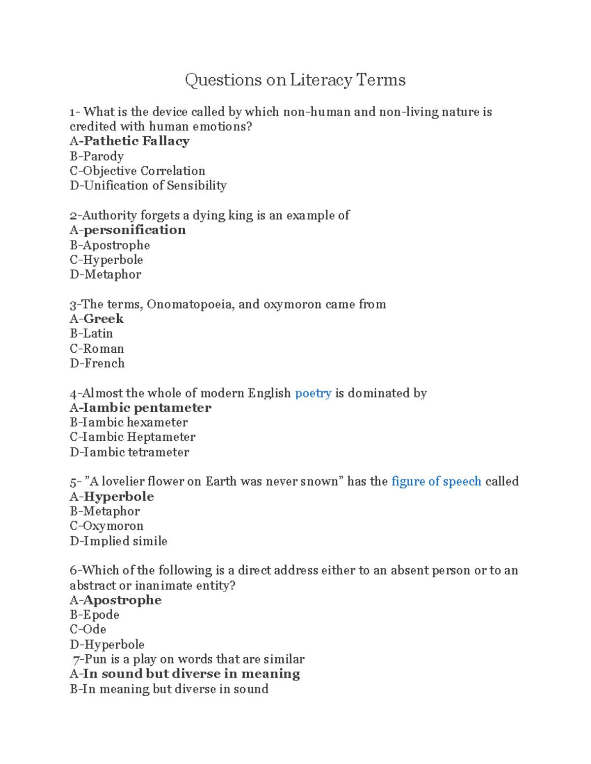 Questions on Literay Terms - A-Hyperbole B-Alliteration C-Metaphor D ...