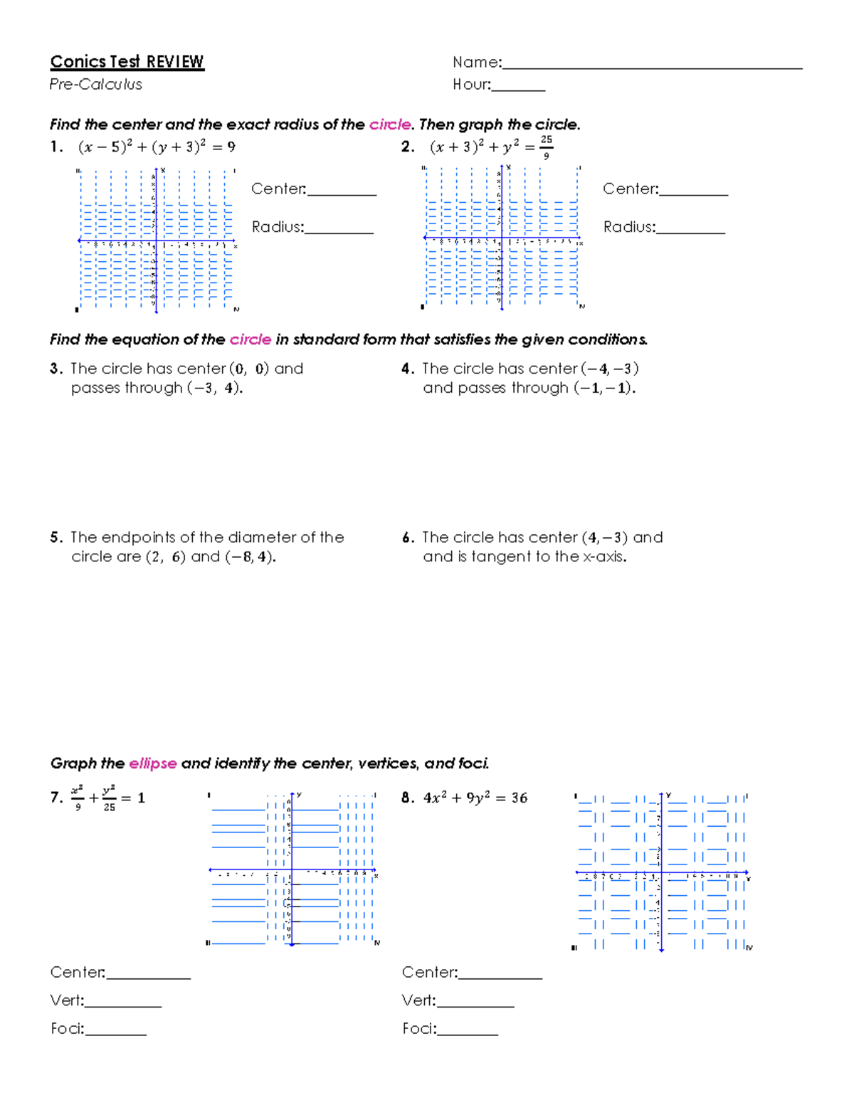 Conics Quiz Review - ………. - Conics Test REVIEW Name