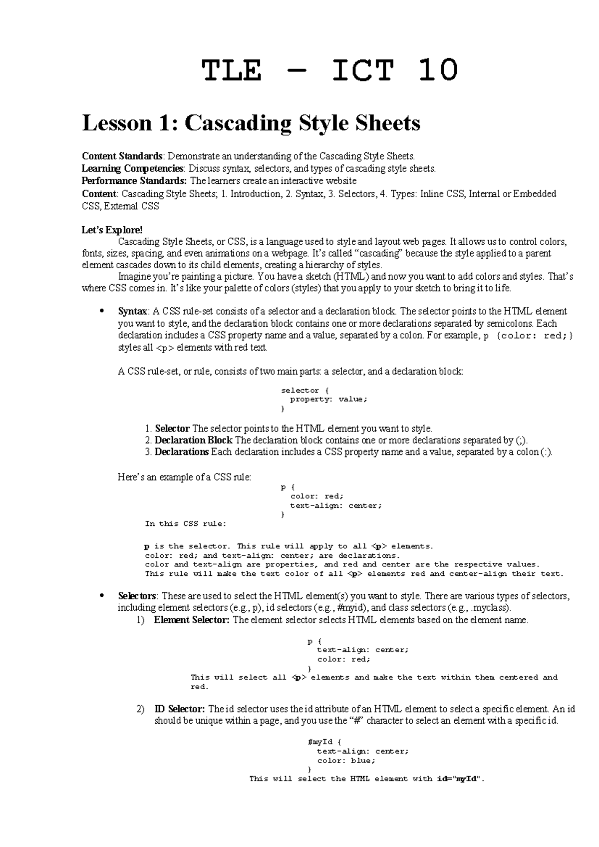 Ict 10 Module Tle Ict 10 Lesson 1 Cascading Style Sheets Content Standards Demonstrate An 