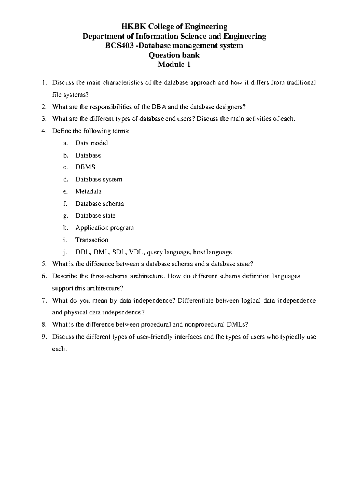BCS403 Question bank - HAFPAJASLF ASKKFASLF FA;LSMF - HKBK College of Engineering Department of ...
