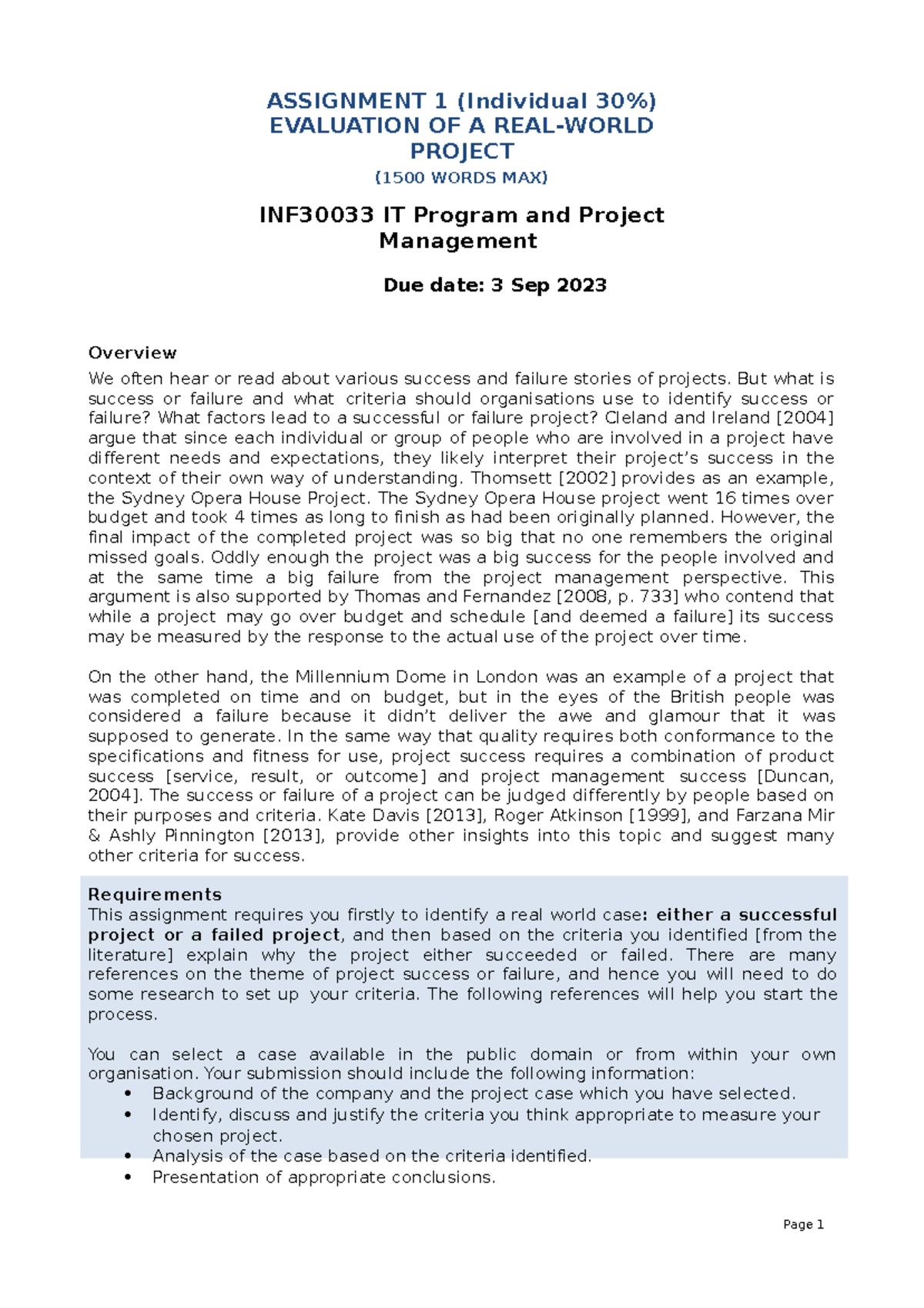INF30033 Assignment 1 S2 2023 - Page 1 ASSIGNMENT 1 (Individual 30%) EVALUATION OF A REAL-WORLD ...