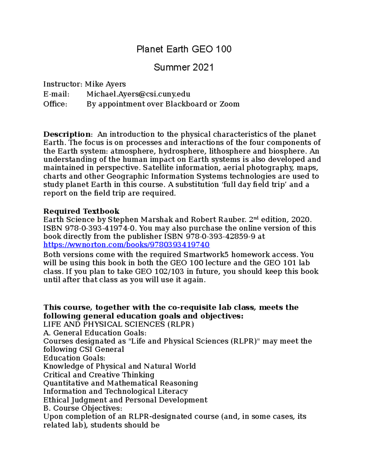 GEO 100 syllabus SU21 2 - Planet Earth GEO 100 Summer 2021 Instructor ...