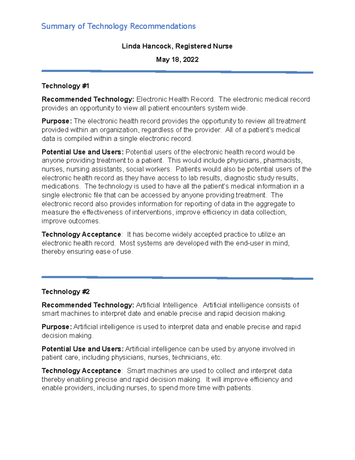 D029 Technology Summary - Summary of Technology Recommendations Linda ...