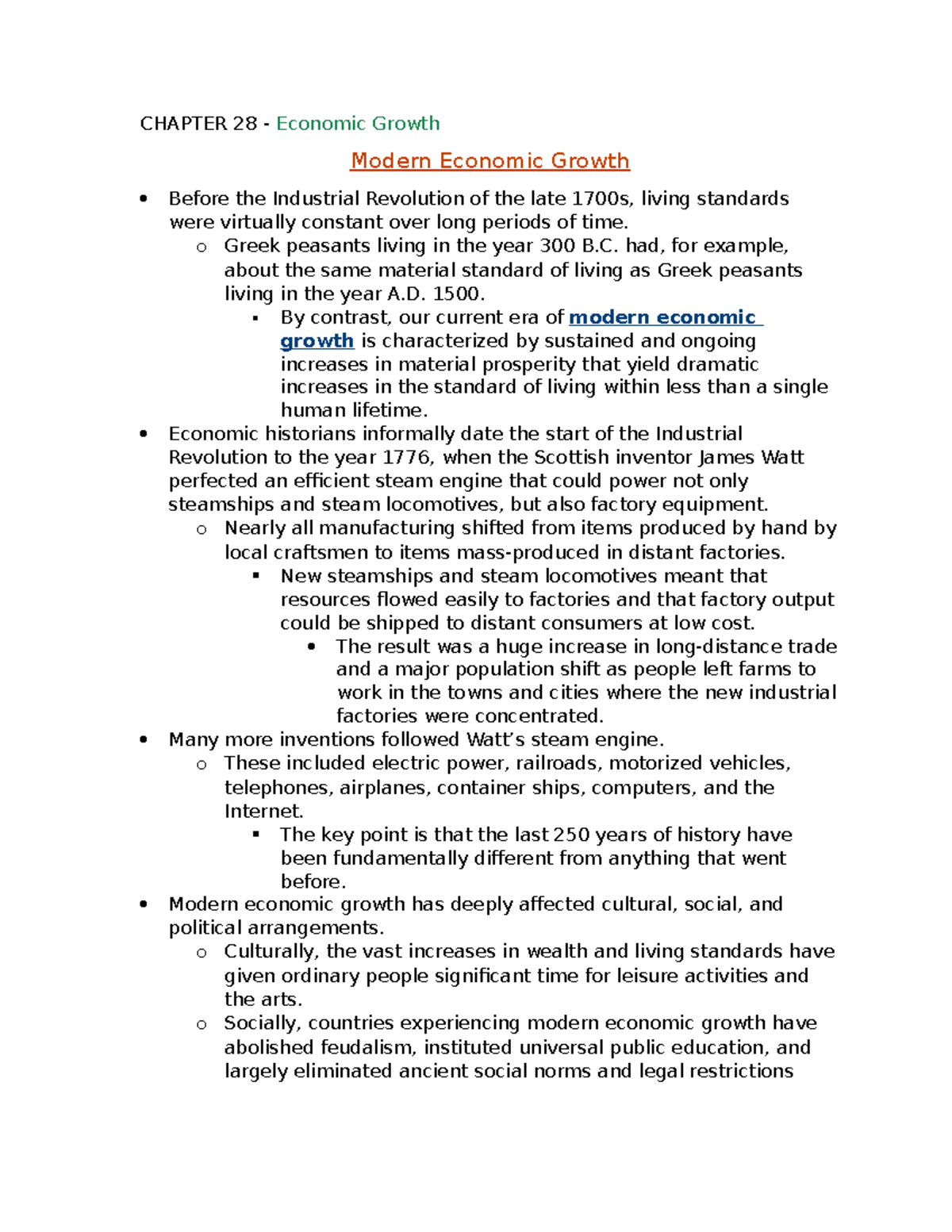 Chapter 28 Book Notes - CHAPTER 28 - Economic Growth Modern Economic ...