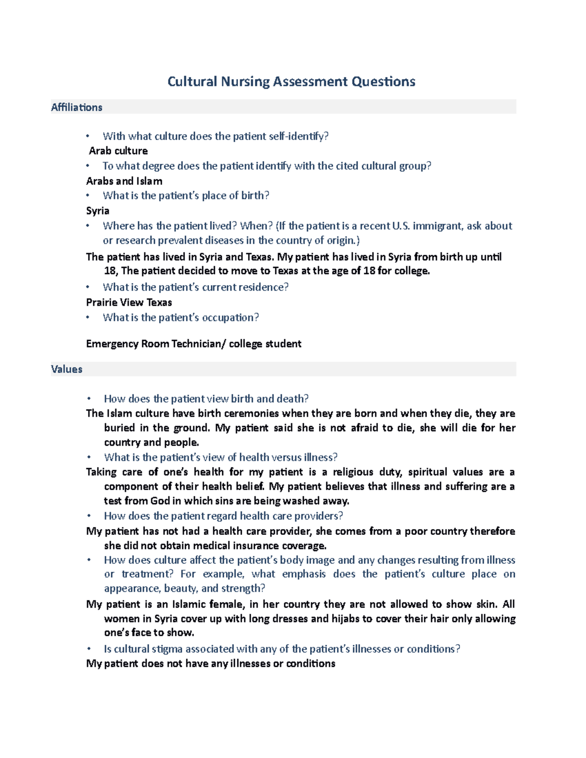 Cultural Nursing Assessment Questions - Studocu